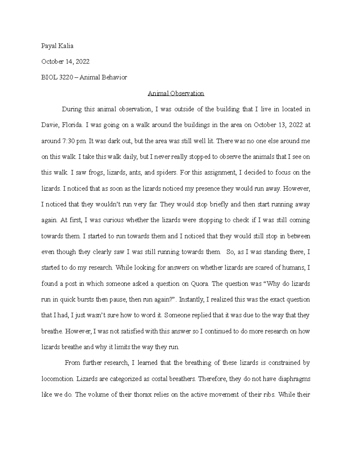 Animal Observation - Payal Kalia October 14, 2022 BIOL 3220 – Animal ...
