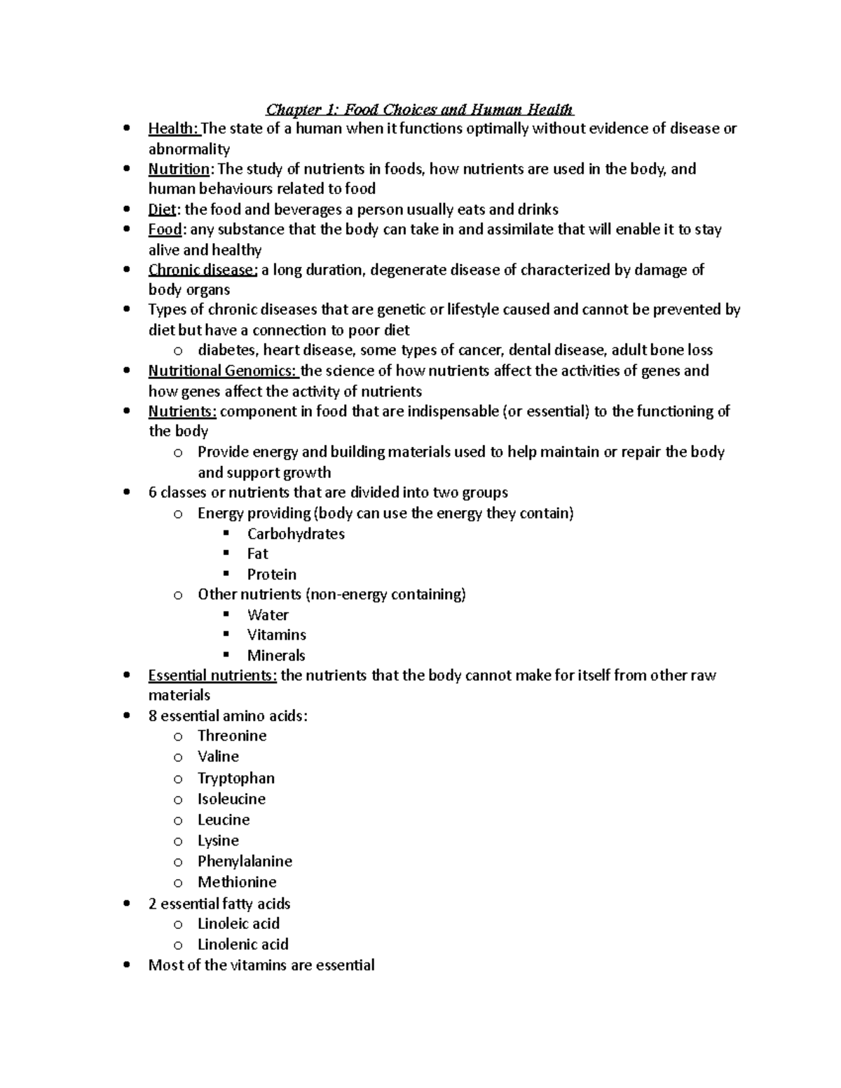 Foods Notes Unit 1-10 - Chapter 1: Food Choices and Human Health Health ...