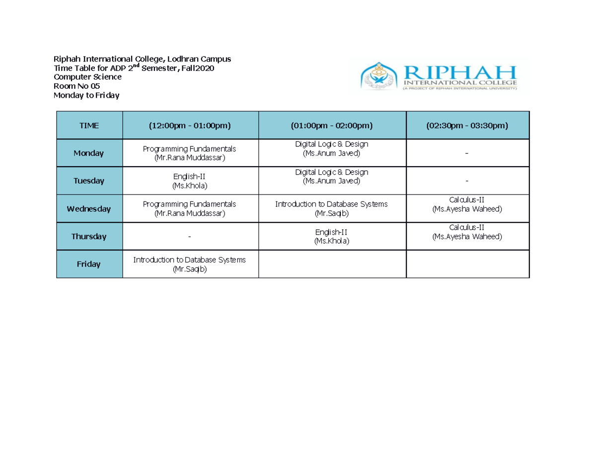 ADP 2nd semester College-1 - Time Table for ADP 2 nd Semester, Fall ...