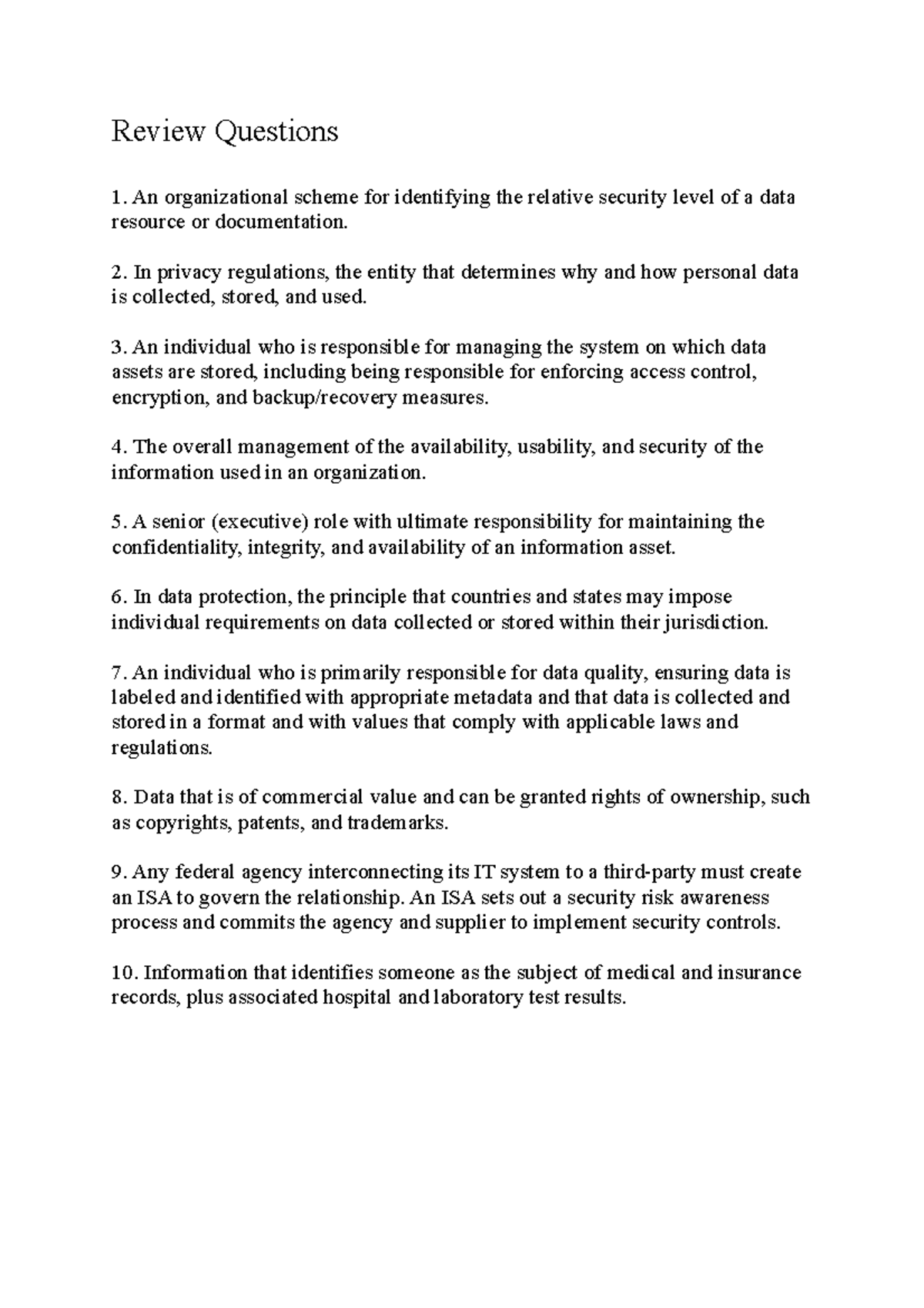 Explain Privacy and Data Sensitivity Concepts Review Questions - Review Questions An ...