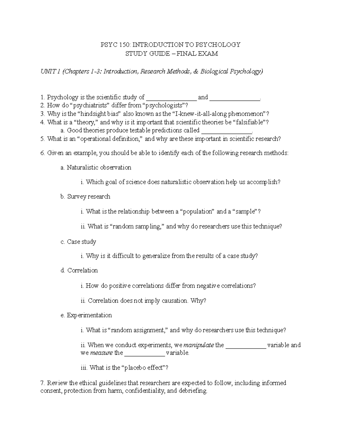 Psych Final Exam Study Guide - PSYC 150: INTRODUCTION TO PSYCHOLOGY ...
