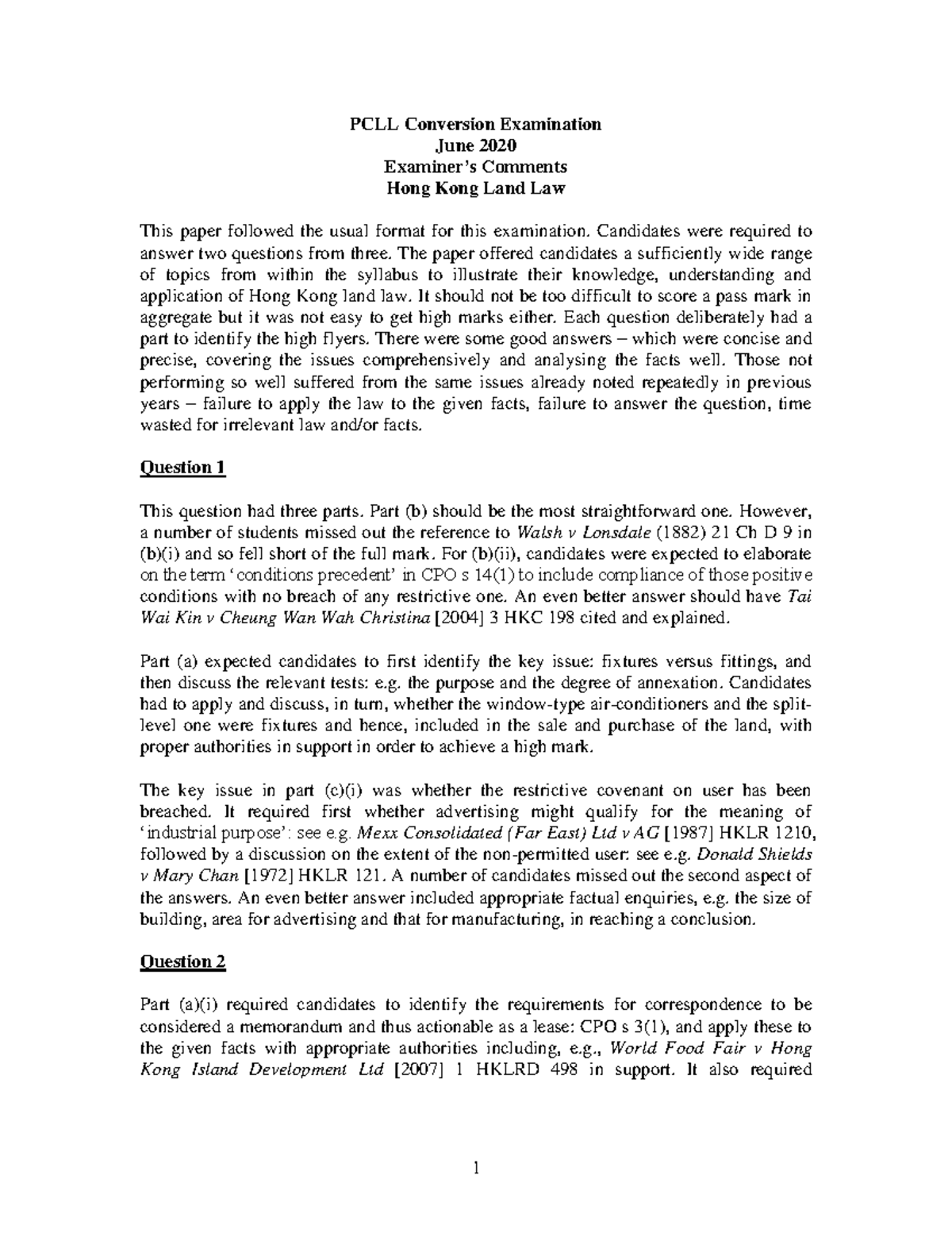 PCLL Conversions Examination Hong Kong Land Law June 2020 - Examiner's ...