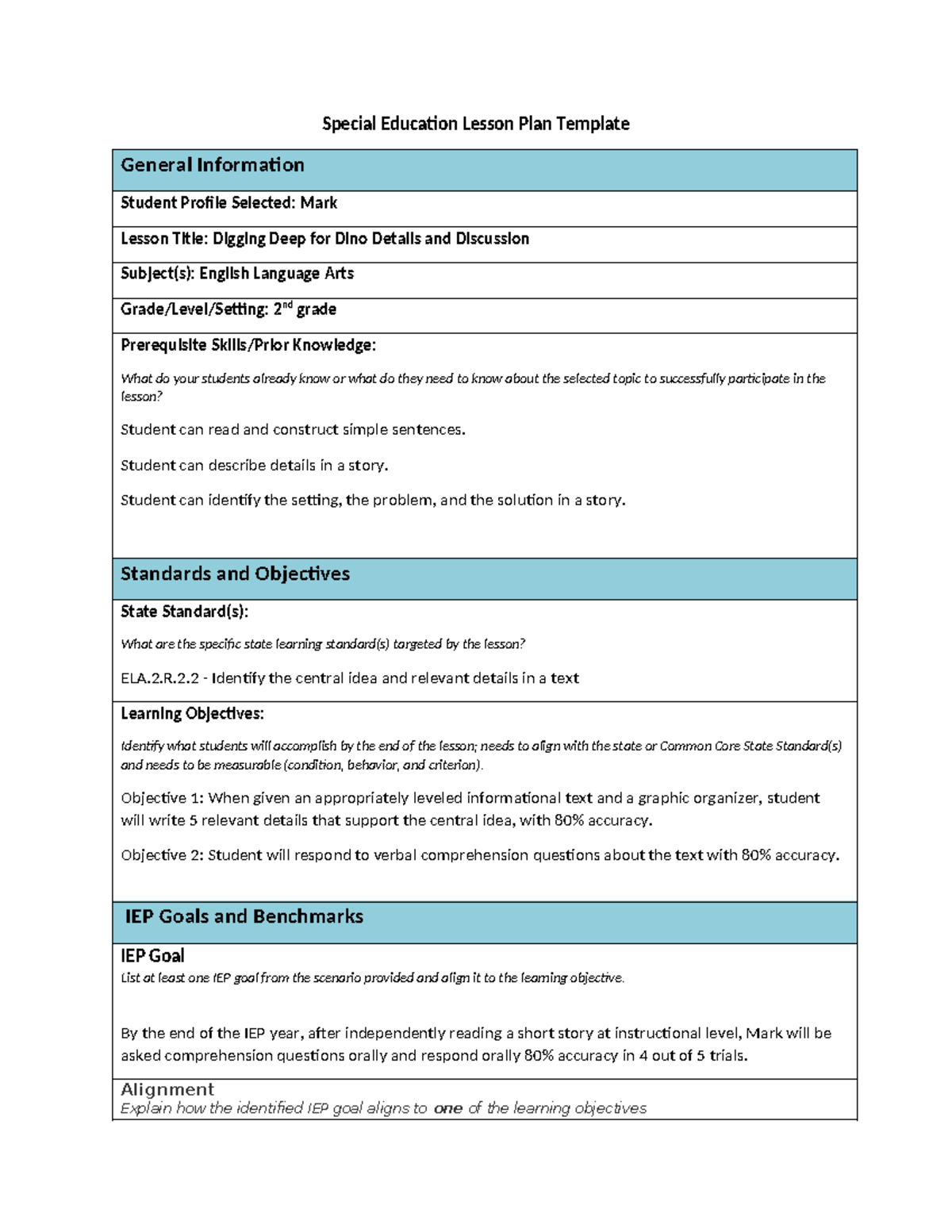 Special Education Lesson Plan Mark - Special Education Lesson Plan ...