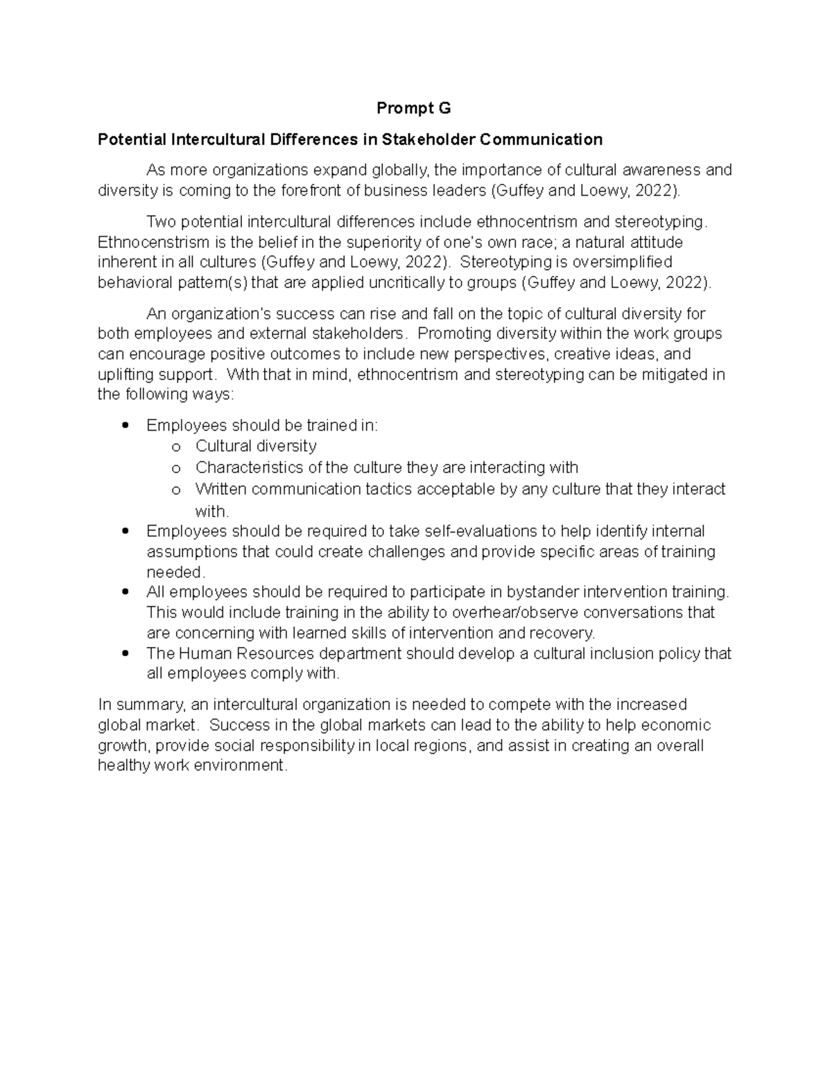 Task 1 Prompt G - Prompt G Potential Intercultural Differences in ...