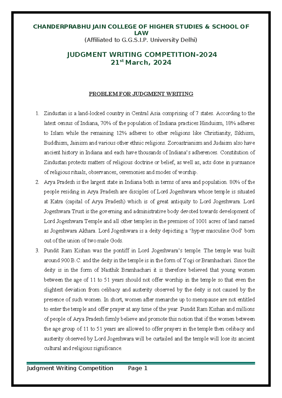 Problem for Judgment Writing Competition 2024 - LAW (Affiliated to G.G ...