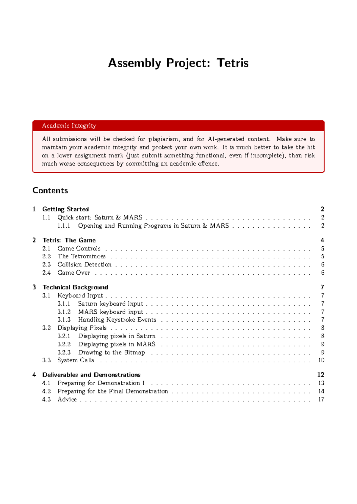 CSC258 Project Tetris - Final assignment handout worth 15% of grade ...