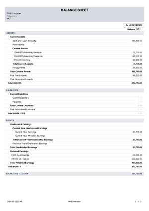 Balance sheet - practice set - BALANCE SHEET ALT Enterprises Batangas Philippines VAT: As of 05 ...