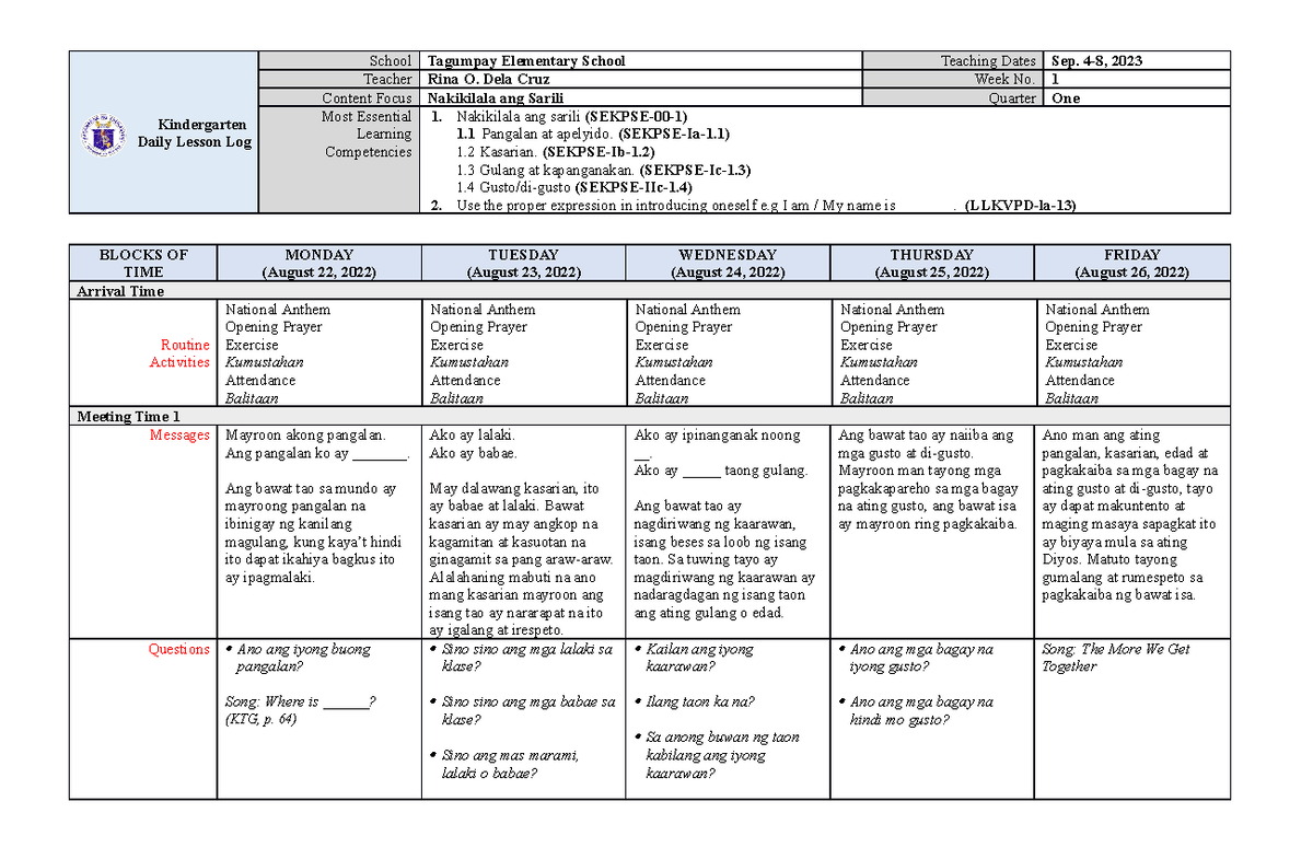Kindergarten-DLL-MELC-Q1-Week 1asf - Kindergarten Daily Lesson Log ...