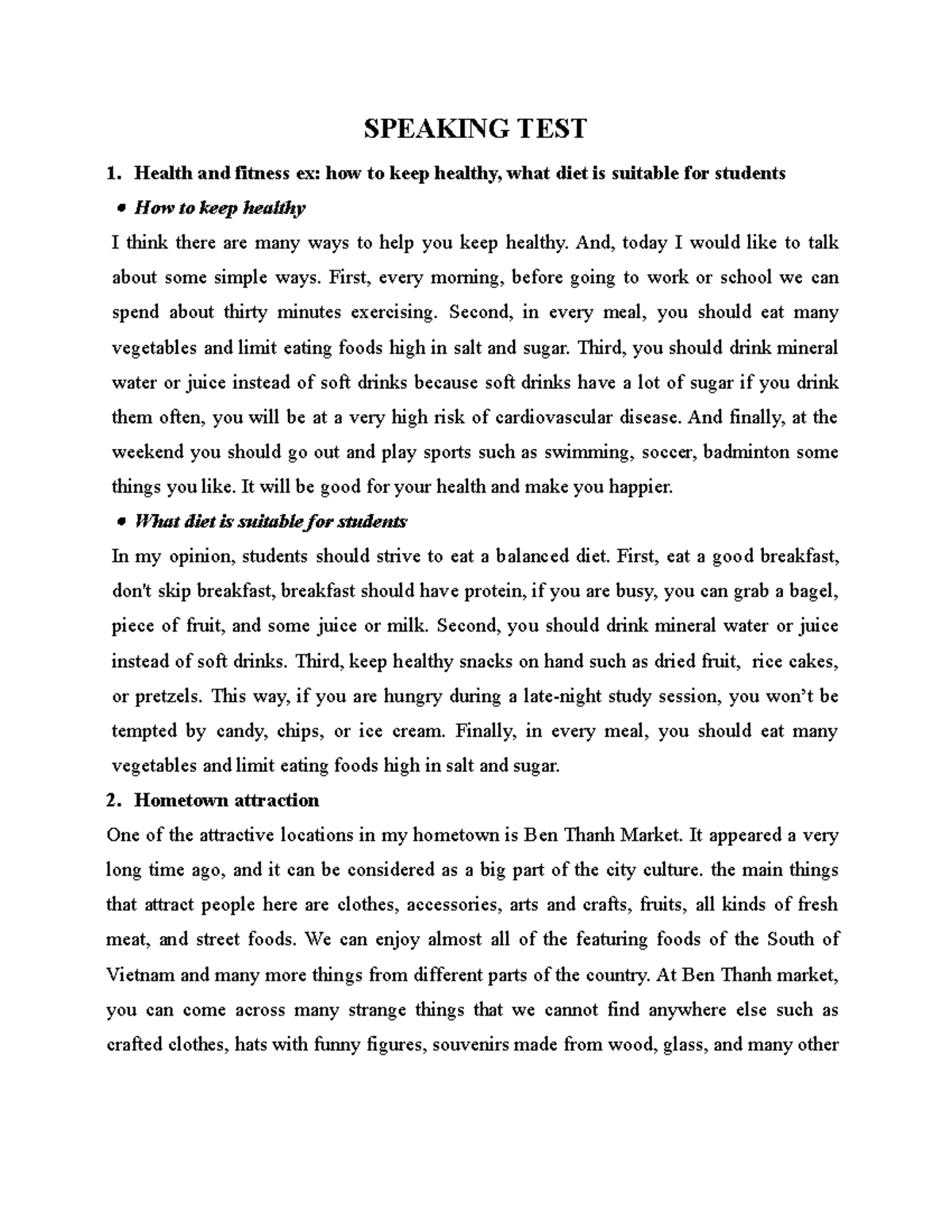 Speaking TEST - SPEAKING TEST Health and fitness ex: how to keep ...