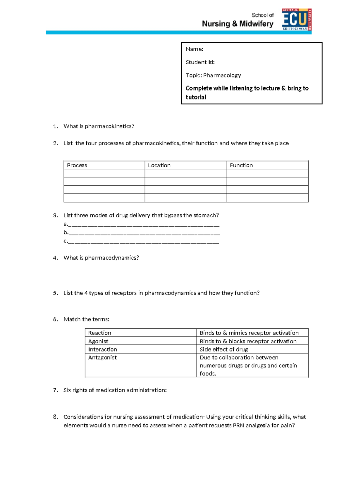 Worksheet pharmacology-1 - What is pharmacokinetics? List the four ...