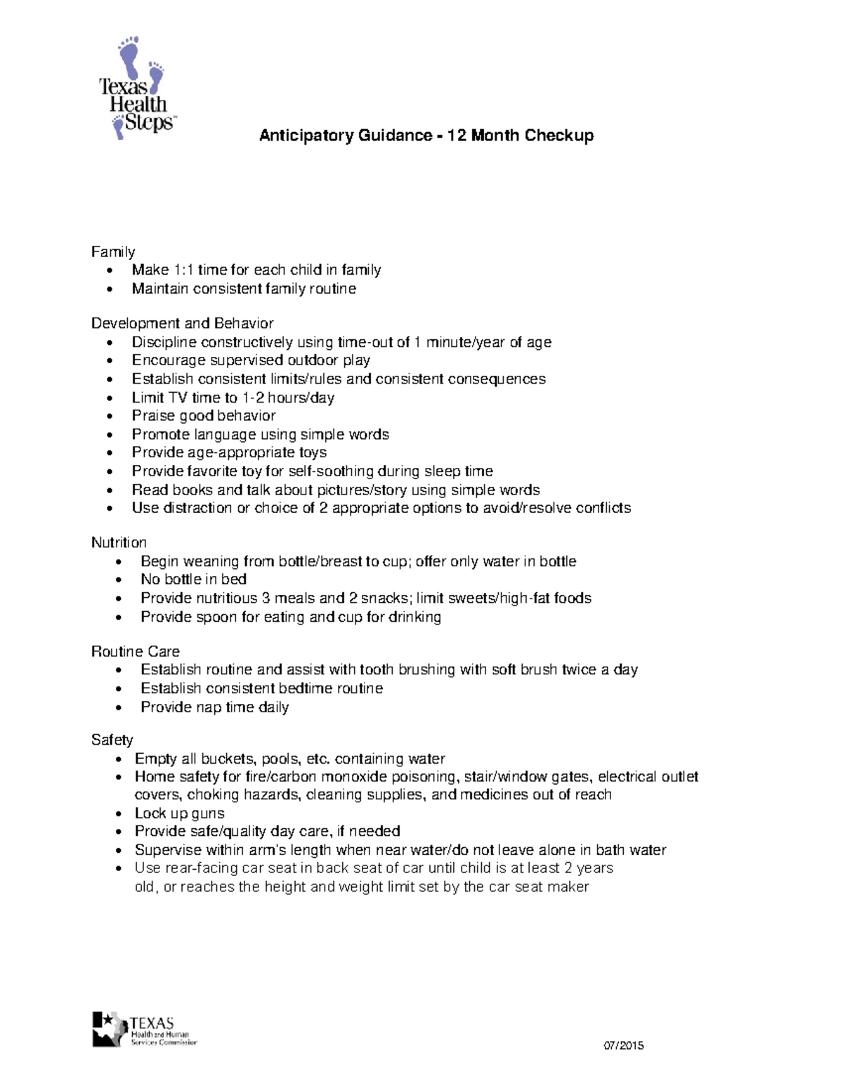 Anticipatory 12 Months - Anticipatory Guidance - 12 Month Checkup ...