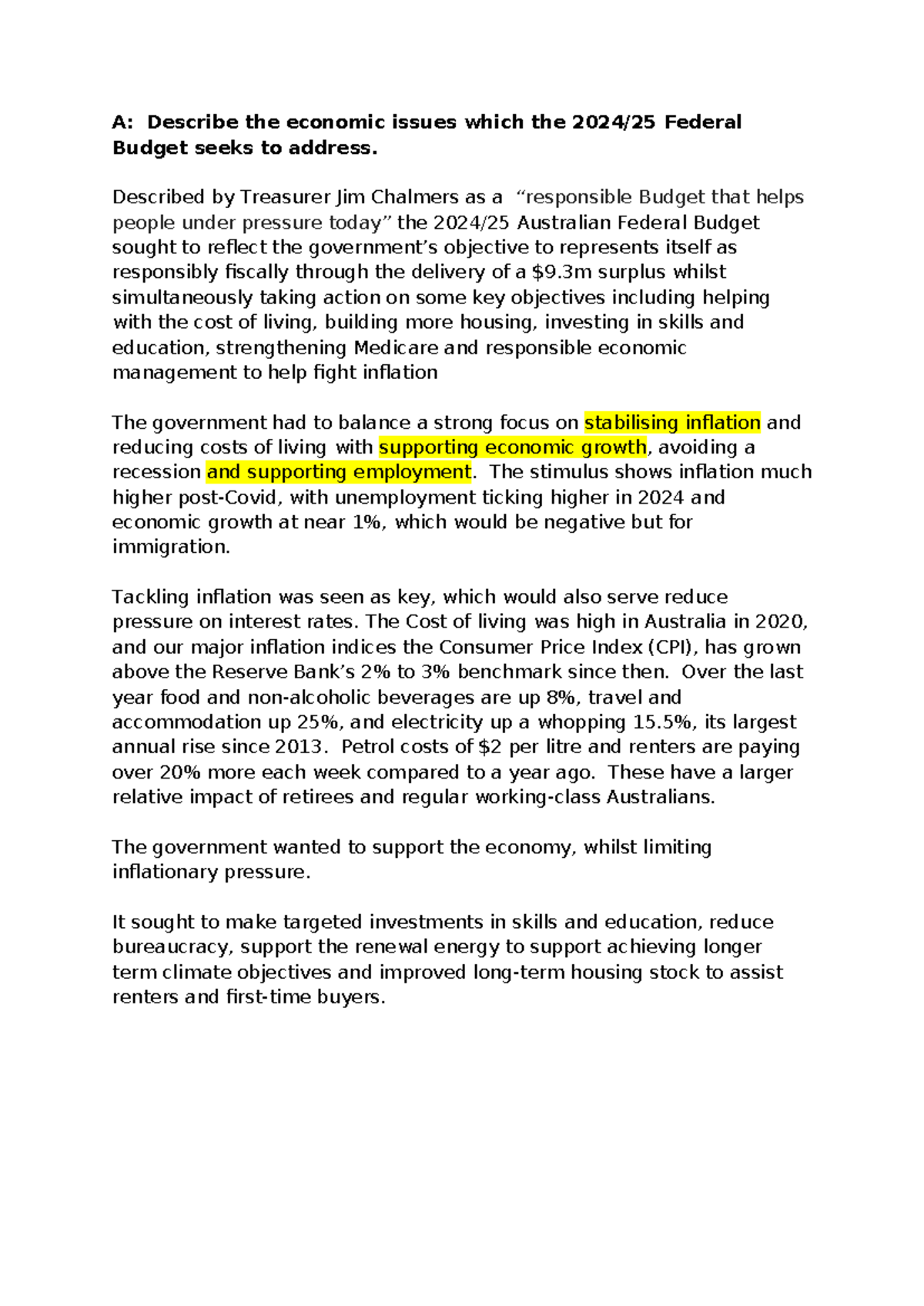 Ecomonics FP on Gov Budget - A: Describe the economic issues which the ...