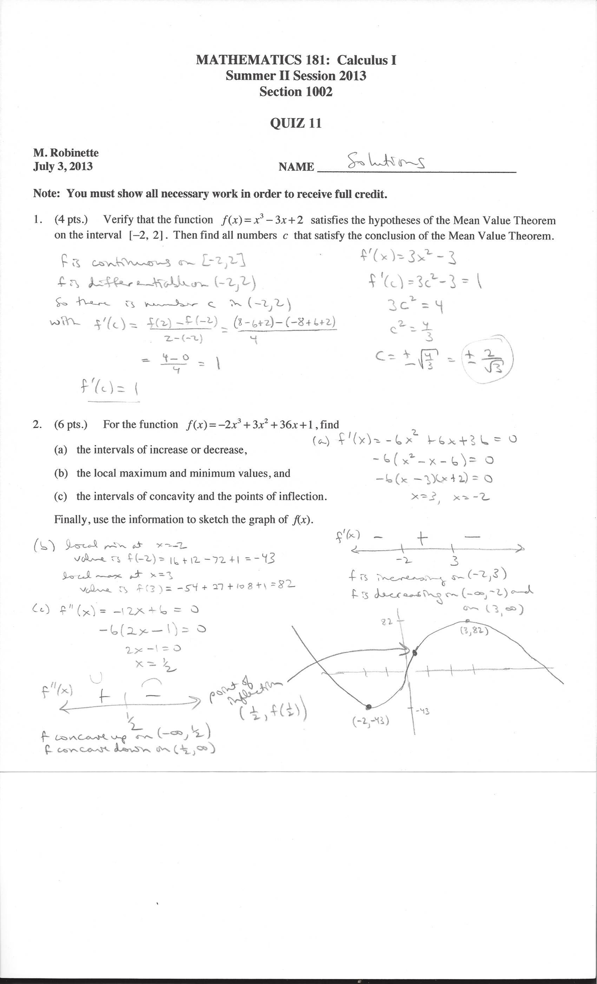 Tutorial work - 11 - MATHEMATICS 181: Calculus I Summer II Session 2013 ...