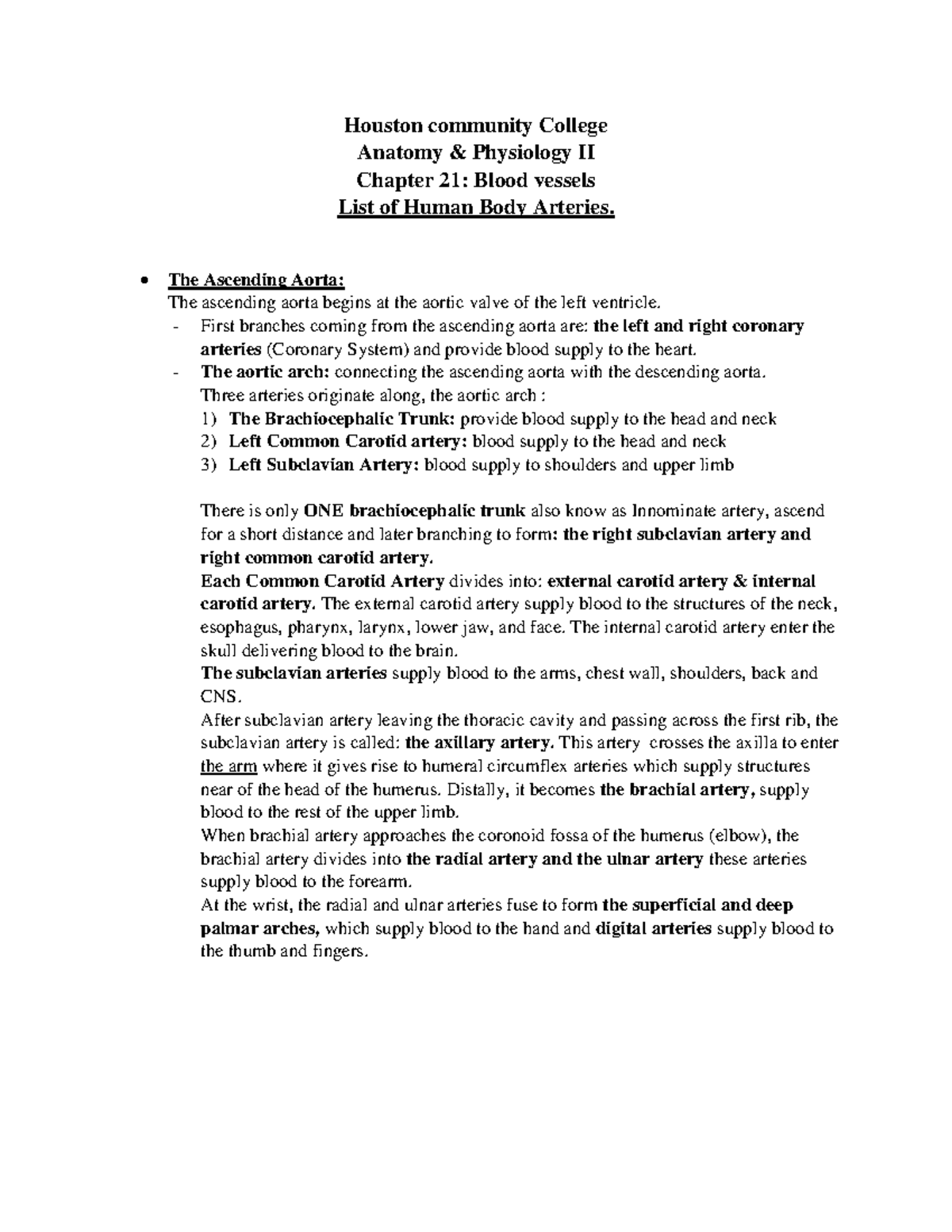 AP2Blood Vessels List - Houston community College Anatomy Physiology II ...