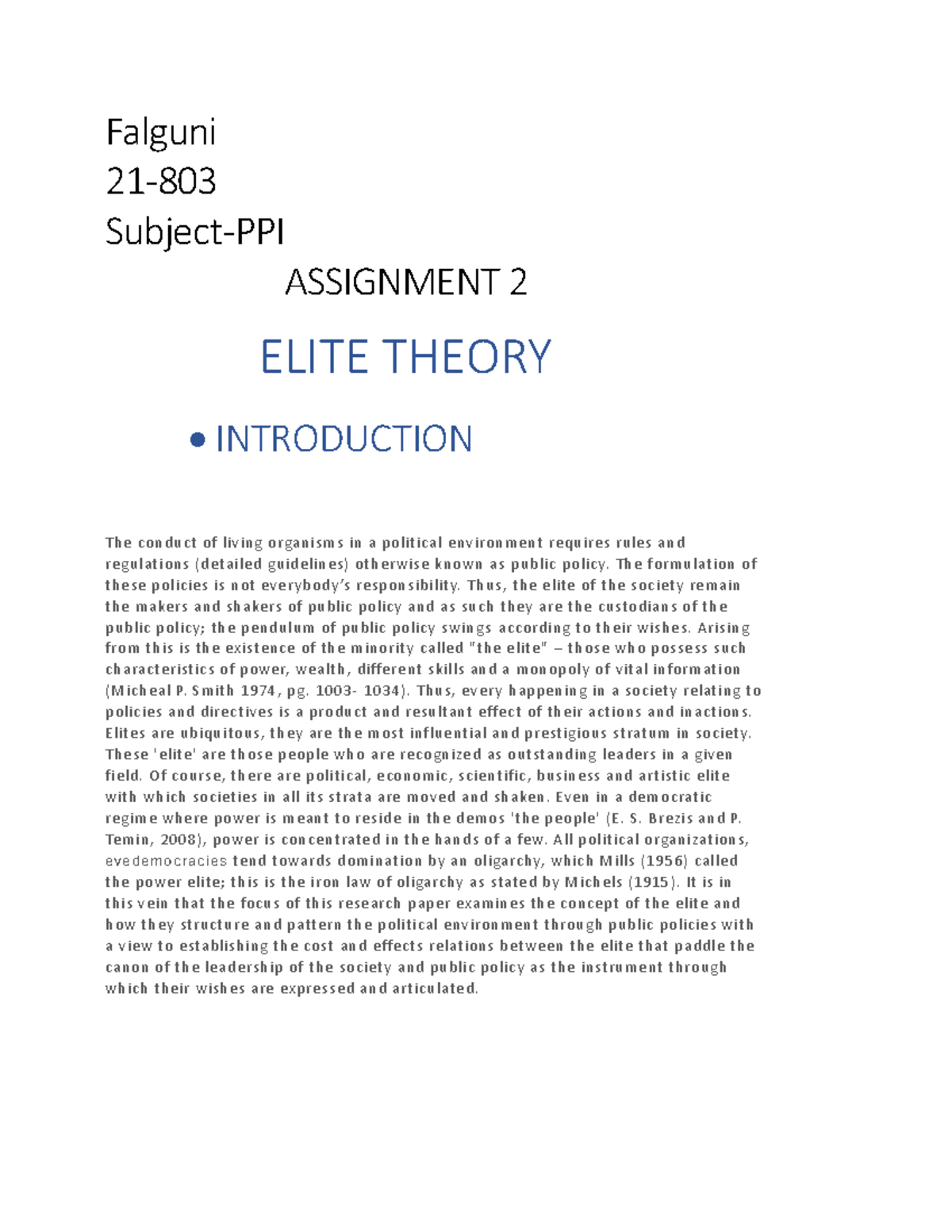 Public policy assignment - Falguni 21 - 803 Subject-PPI ASSIGNMENT 2 ELITE THEORY • INTRODUCTION ...