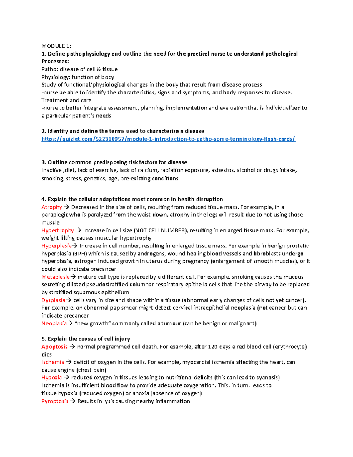Patho notes Nav senior - complete - MODULE 1: Define pathophysiology ...