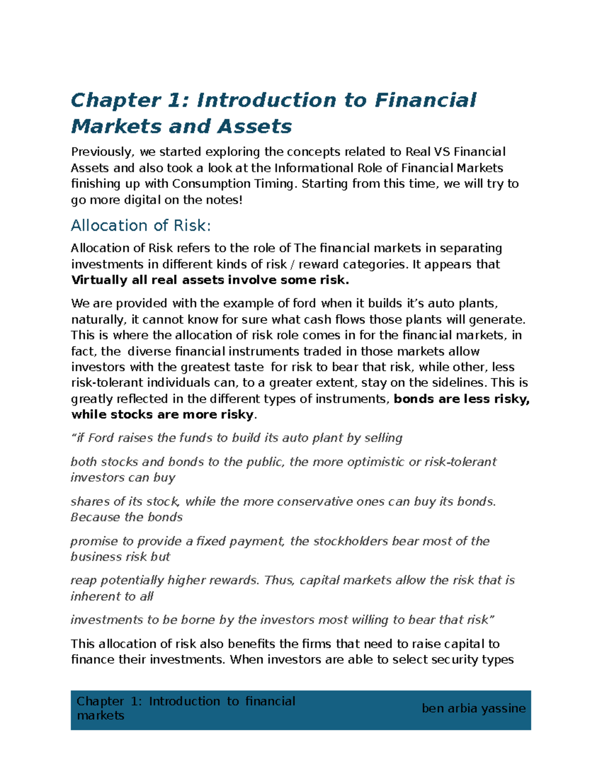 Chapter 1 - Introduction to financial Markets and Assets - Chapter 1 ...