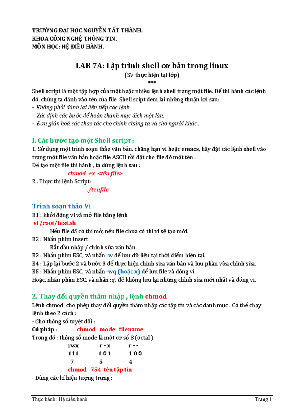 Lab 7A-Lap Trinh Shell - 123 - TRƯỜNG ĐẠI HỌC NGUYÞN TẤT THÀNH. KHOA CÔNG NGHÞ THÔNG TIN. MÔN ...