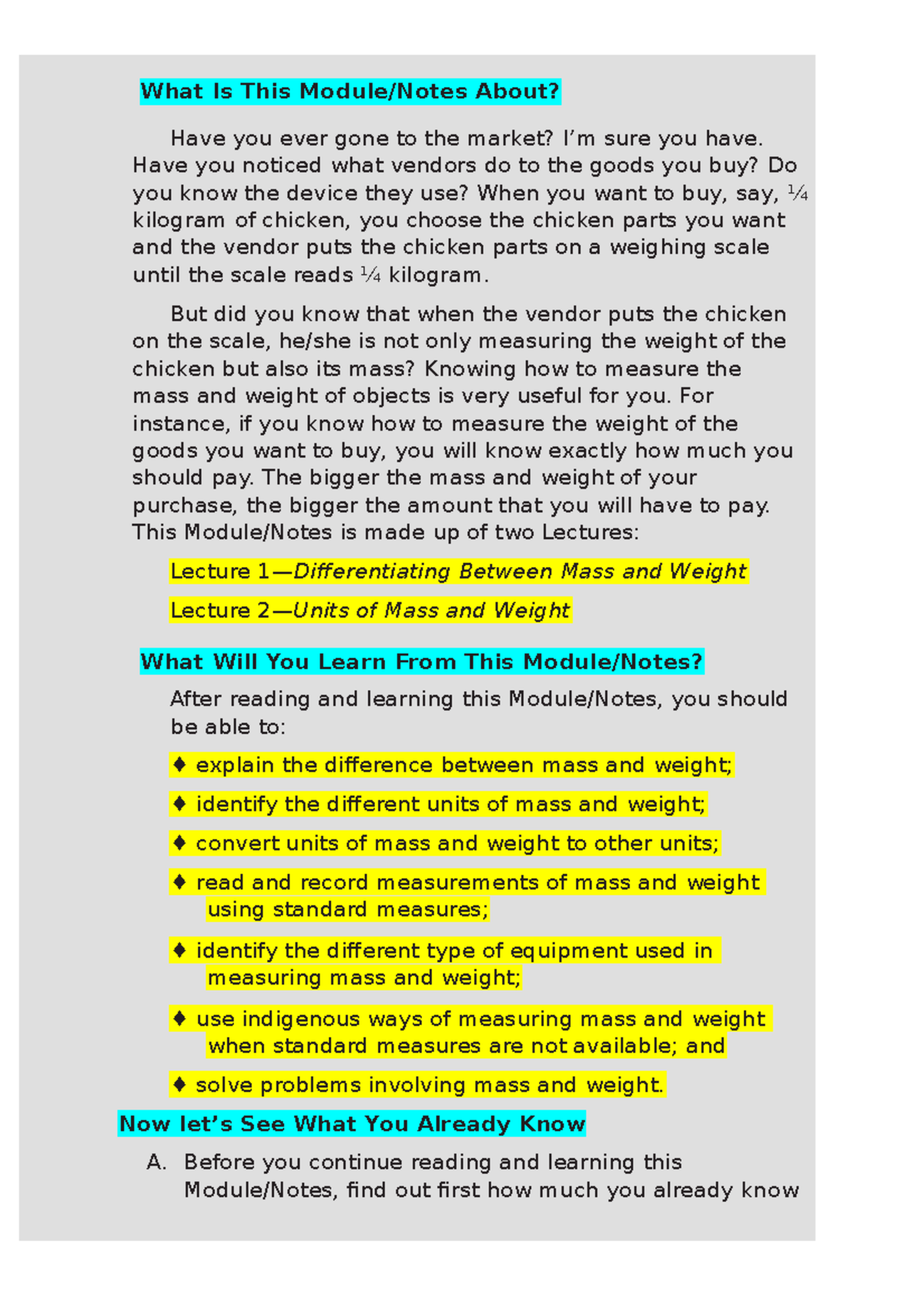 Mass and Weight Module A - Lecture notes 1-3 - derecho - ICCT Colleges ...