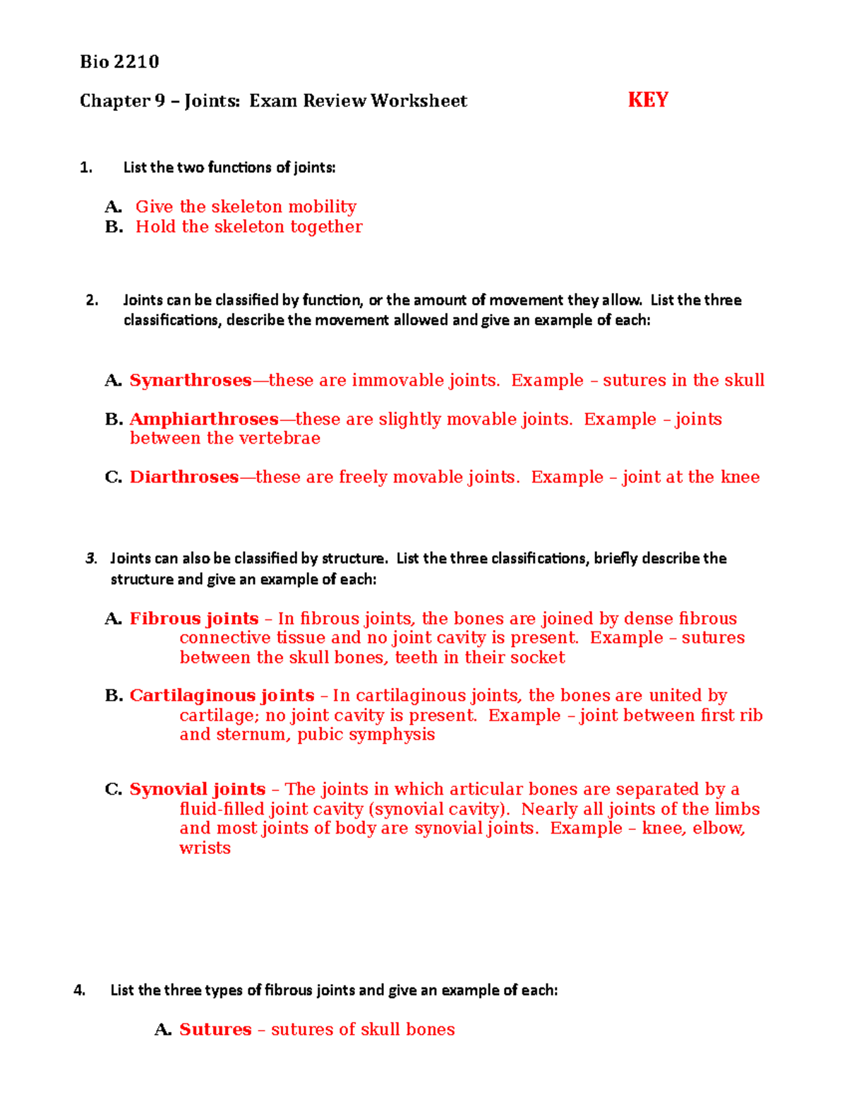 Exam Review Worksheet - Chapter 9 KEY - Bio 2210 Chapter 9 – Joints ...