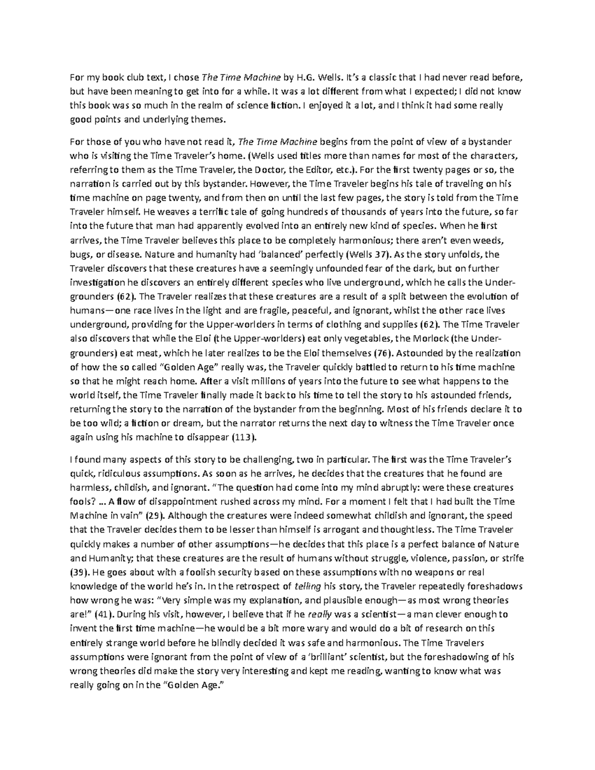 Book club: The Time Machine - For my book club text, I chose The Time ...