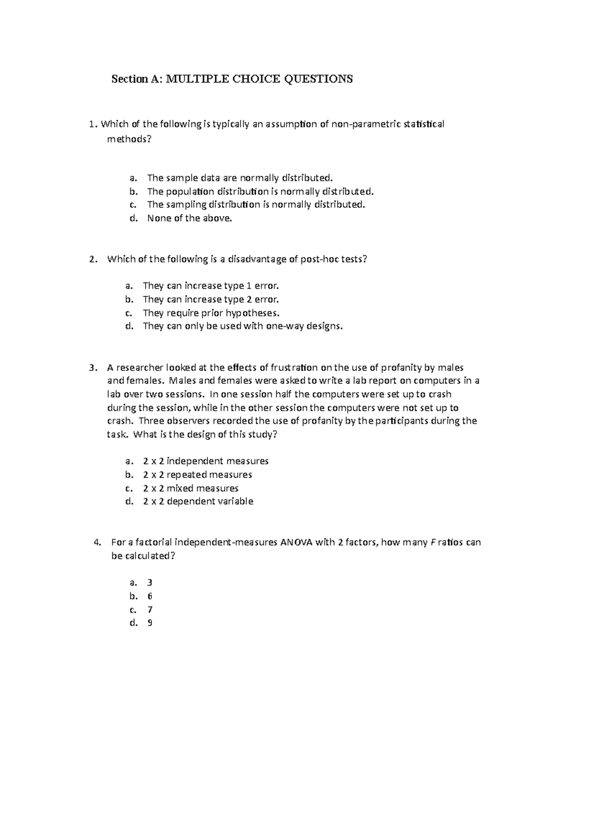 Practice Questions Section A MULTIPLE CHOICE QUESTIONS 1 Which Of
