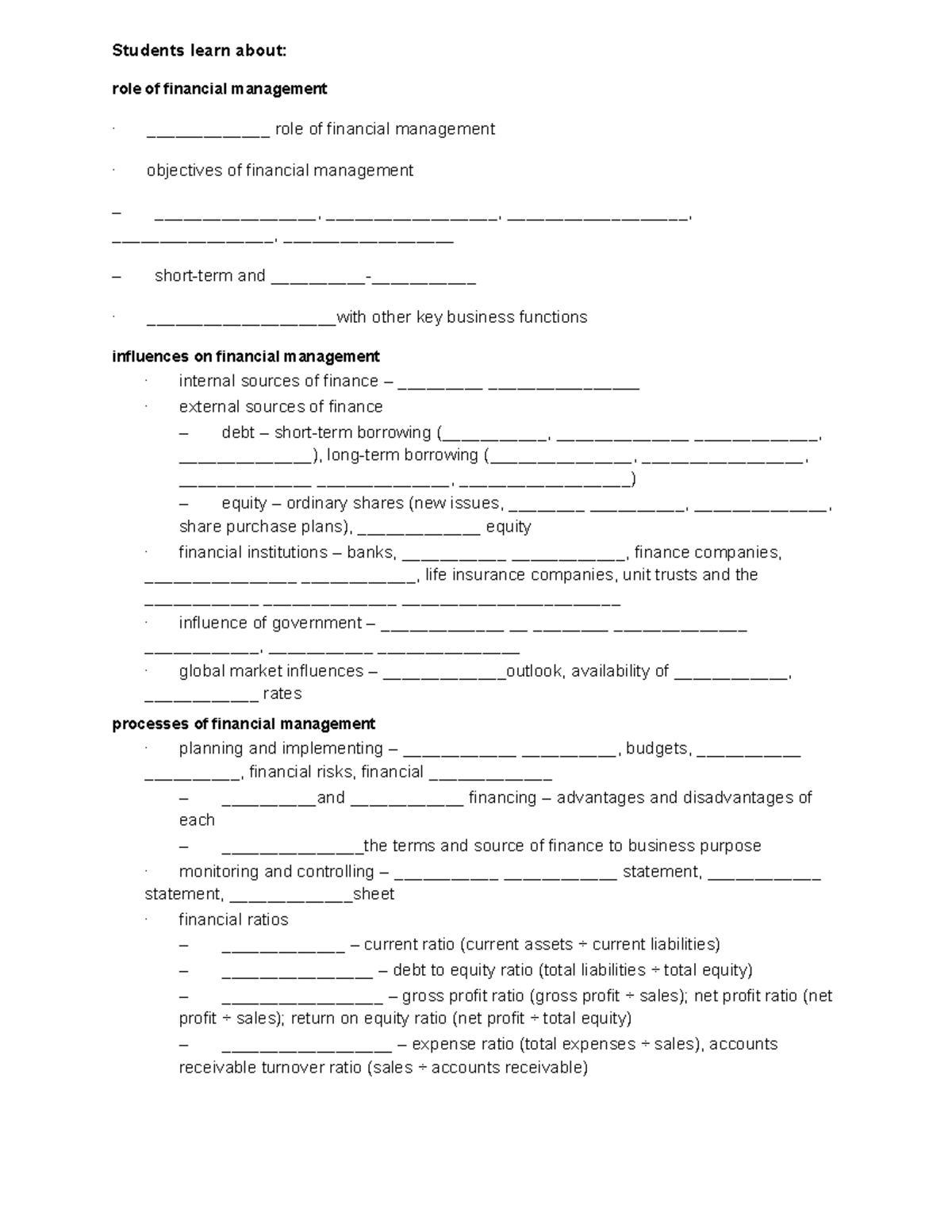 Finance Fill In the Blanks - Students learn about: role of financial ...