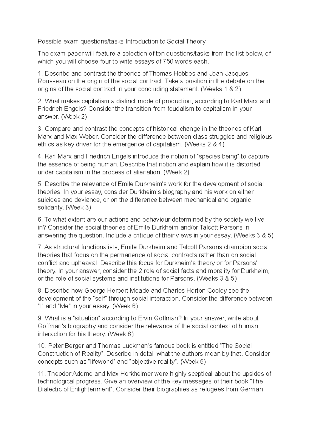 Possible Exam Questions Possible Exam Questions Tasks Introduction To Social Theory The Exam