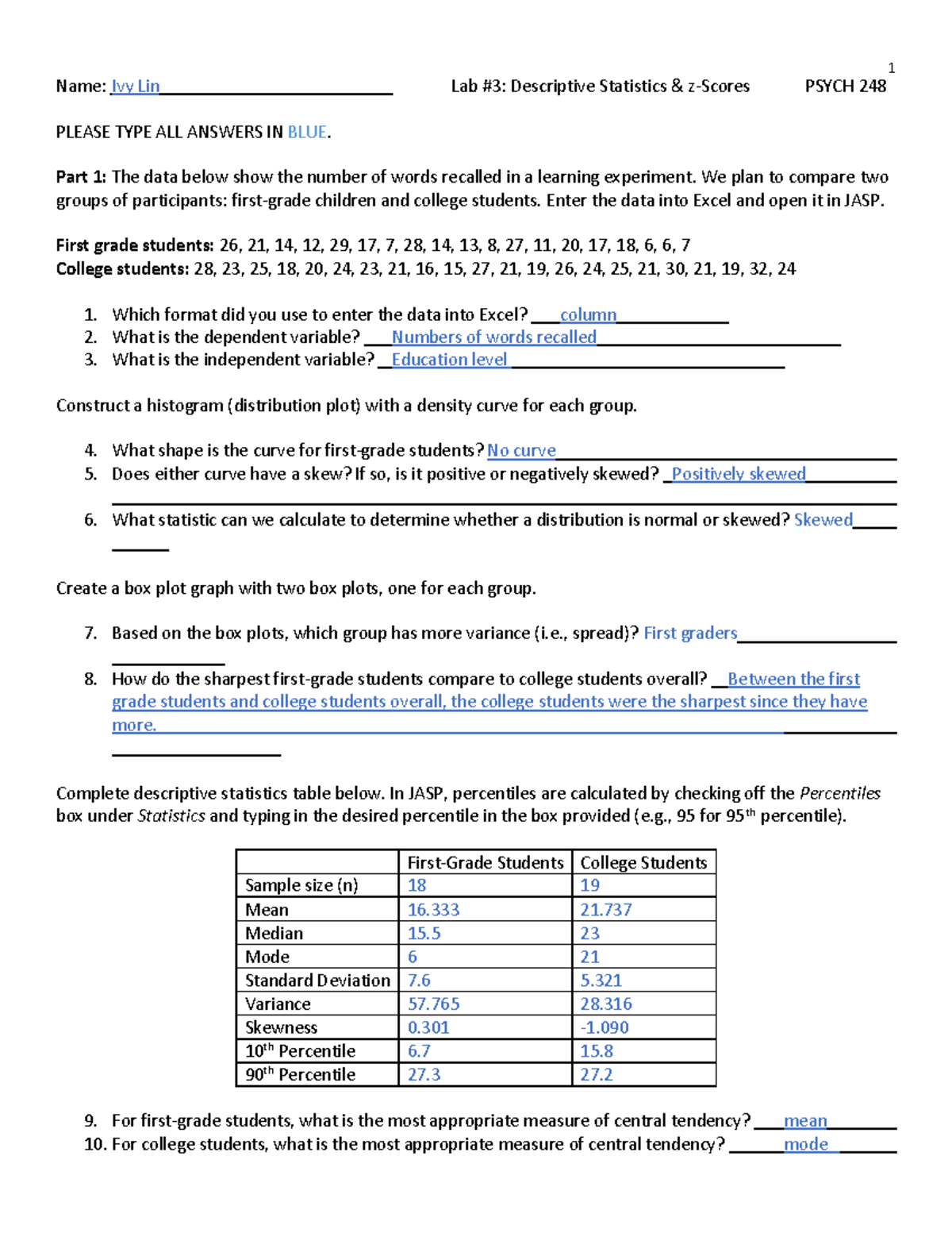 Lab #3 Worksheet - lab 3 - 1 Name: Ivy Lin Lab #3: Descriptive Statistics & z-Scores PSYCH 248 ...