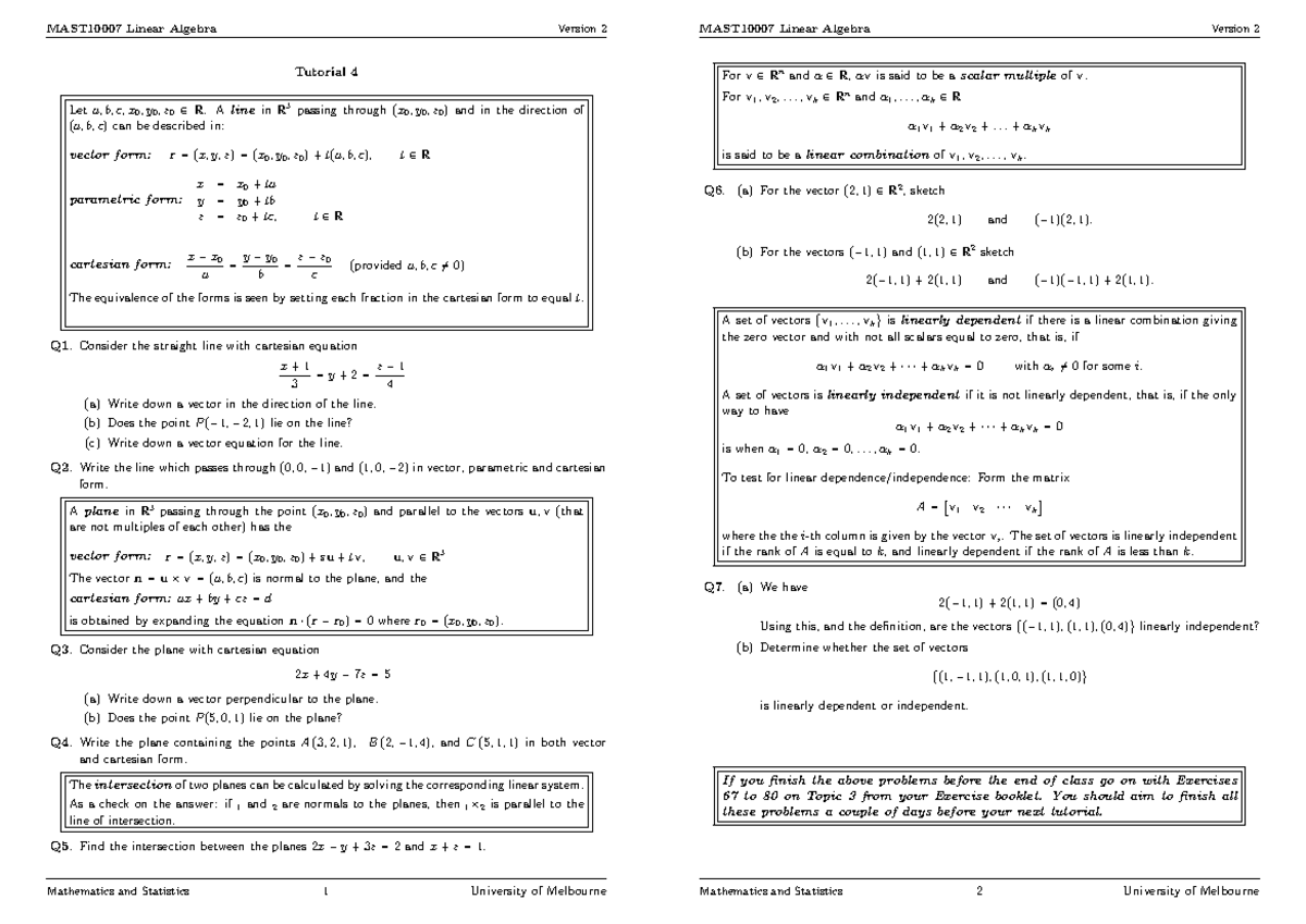 T04questions - prac - MAST10007 Linear Algebra Version 2 Tutorial 4 ...