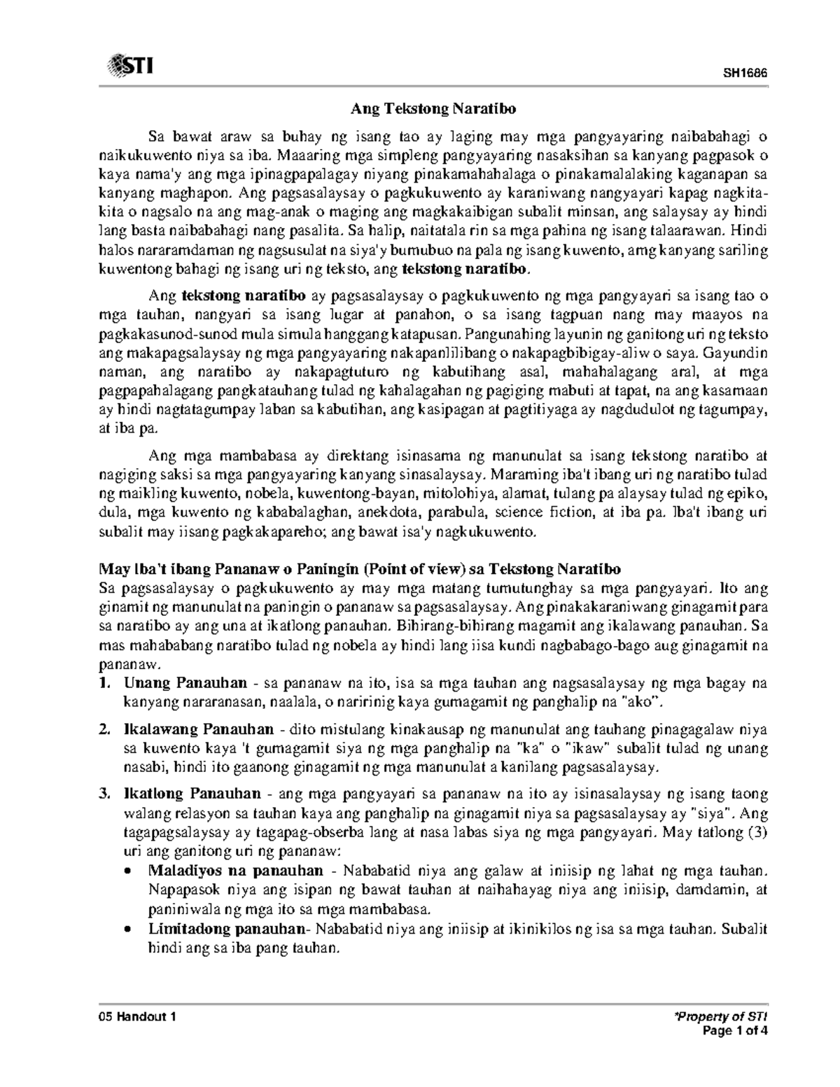 Ang Tekstong Naratibo - 05 Handout 1 *Property of STI Ang Tekstong ...