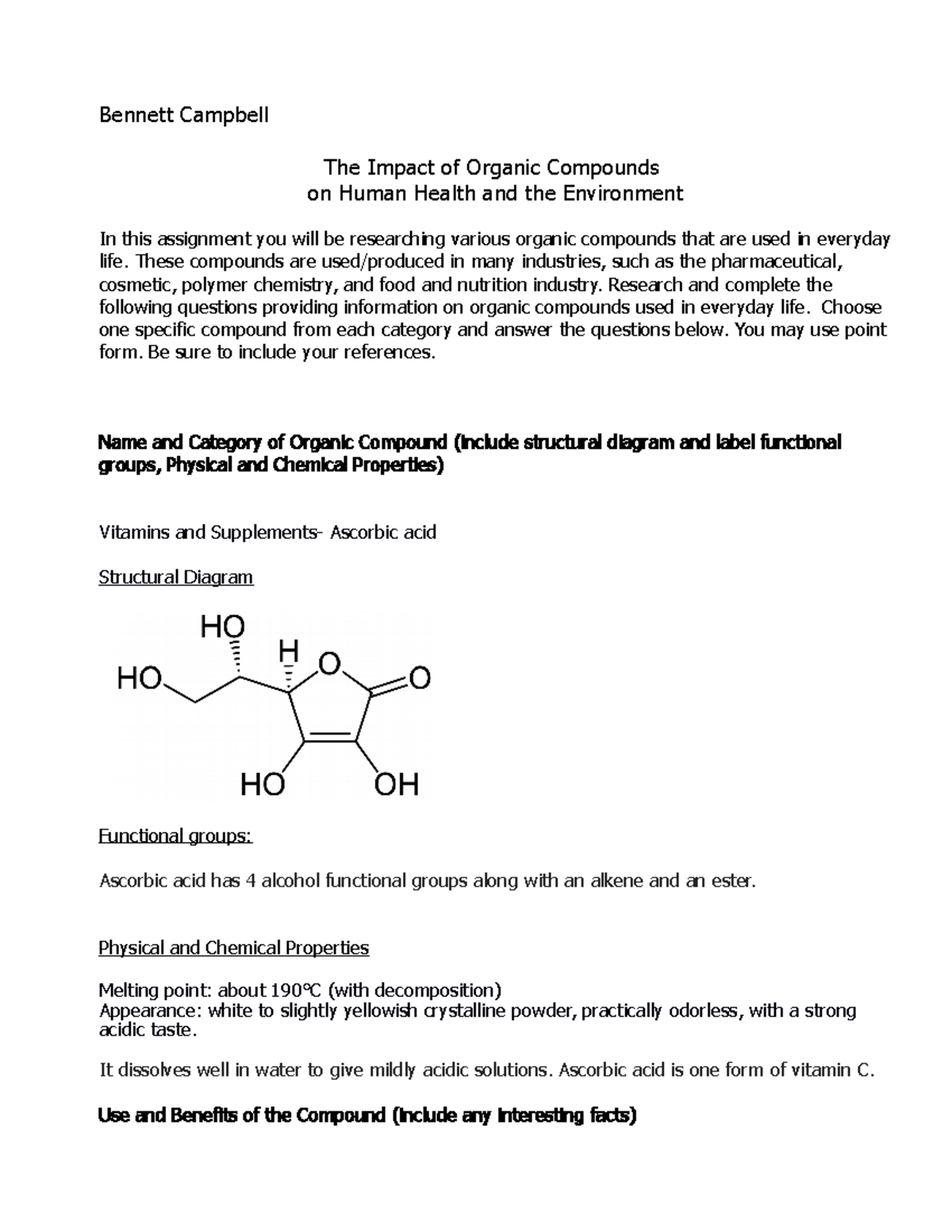 The Impact of Organic Compounds Assignment - Bennett Campbell The ...