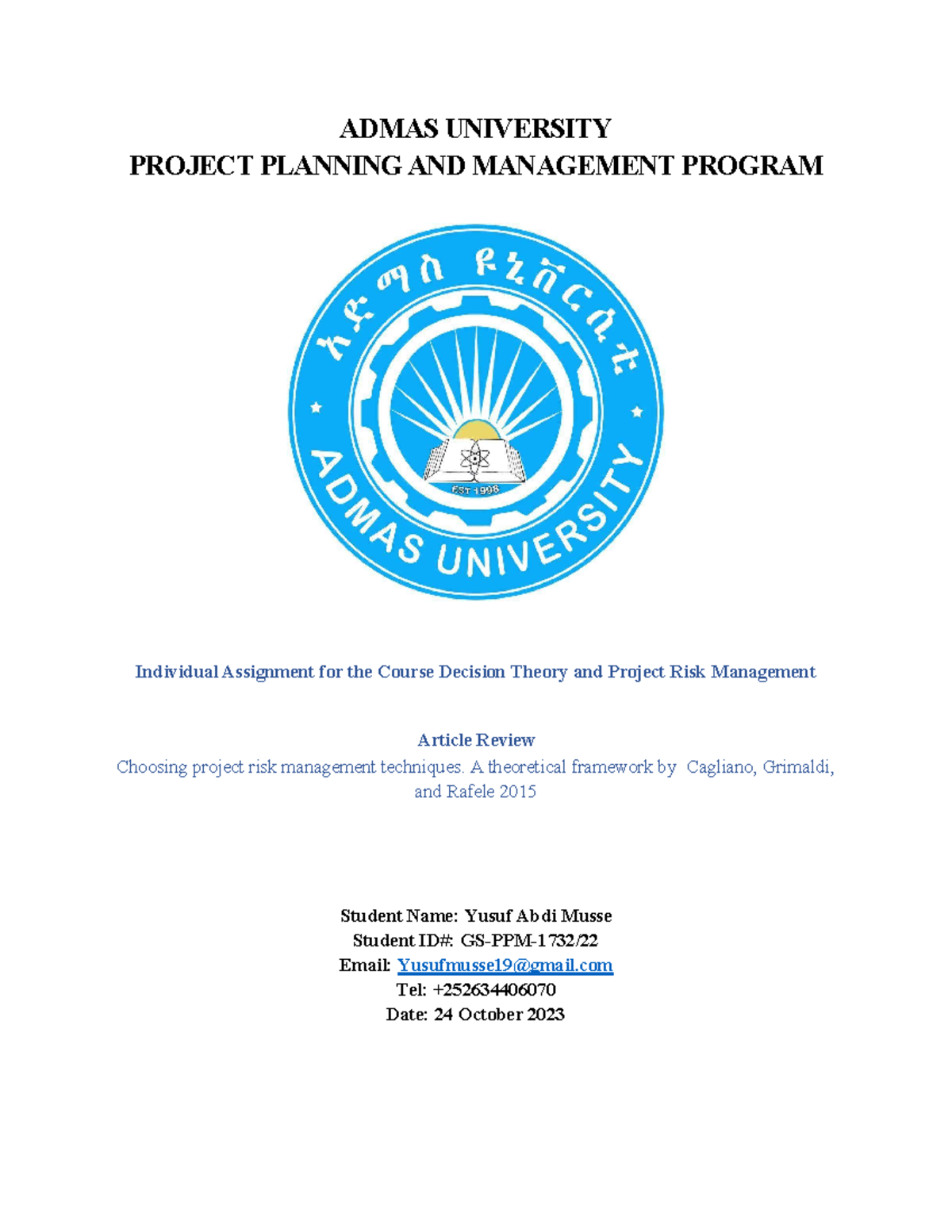 Article Review Choosing project risk management techniques Final ...