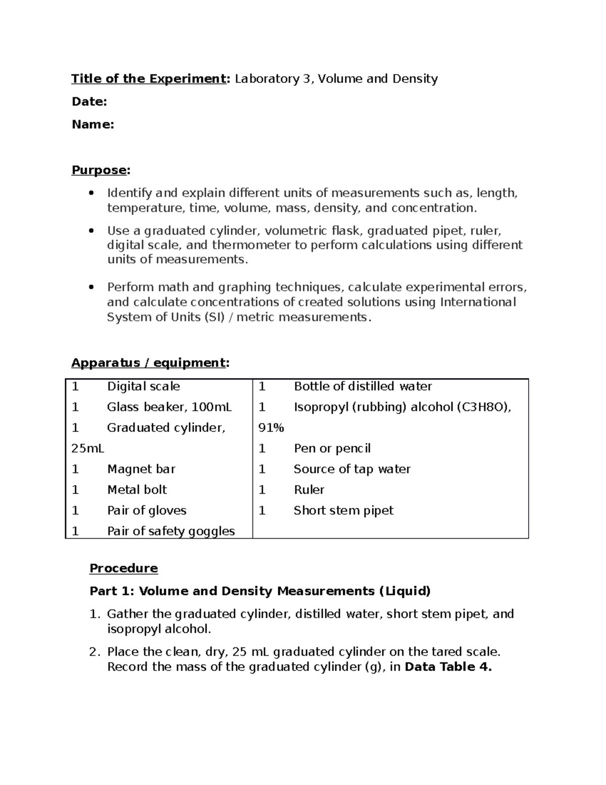 Lab Volume And Density Report Title Of The Experiment Laboratory 3