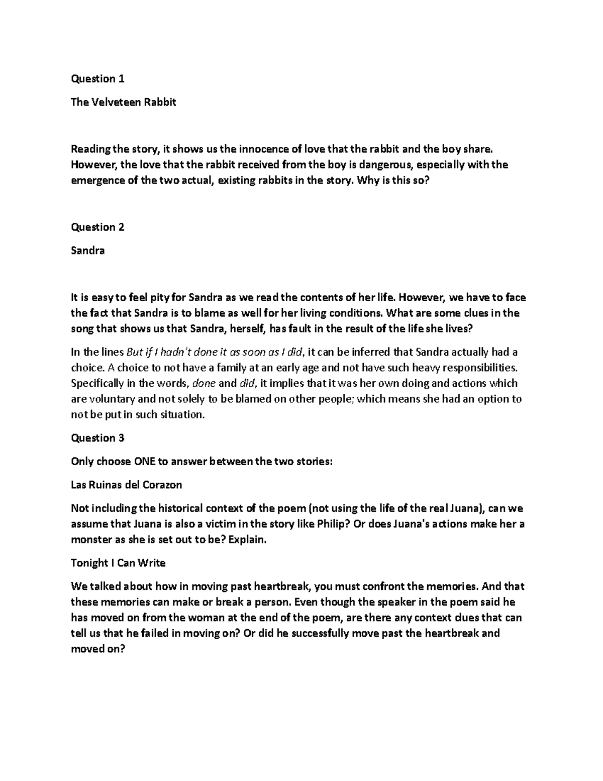 LIT assignment reviewer - Question 1 The Velveteen Rabbit Reading the ...