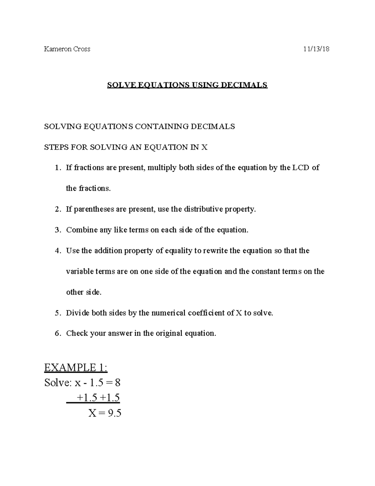 11-13-18 FOR MATH 92 - Work done in a Math 92 class. Equations are ...