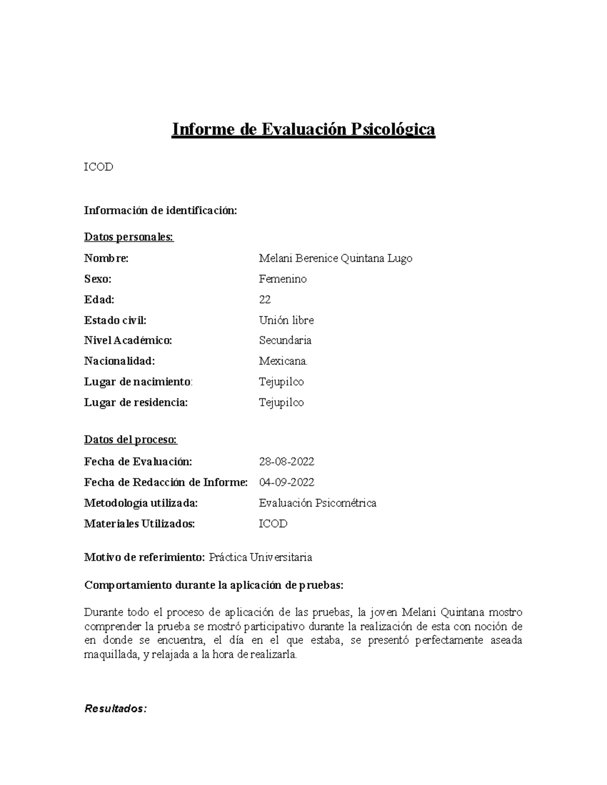 Informe de Evaluación Icod - Informe de Evaluación Psicológica ICOD ...