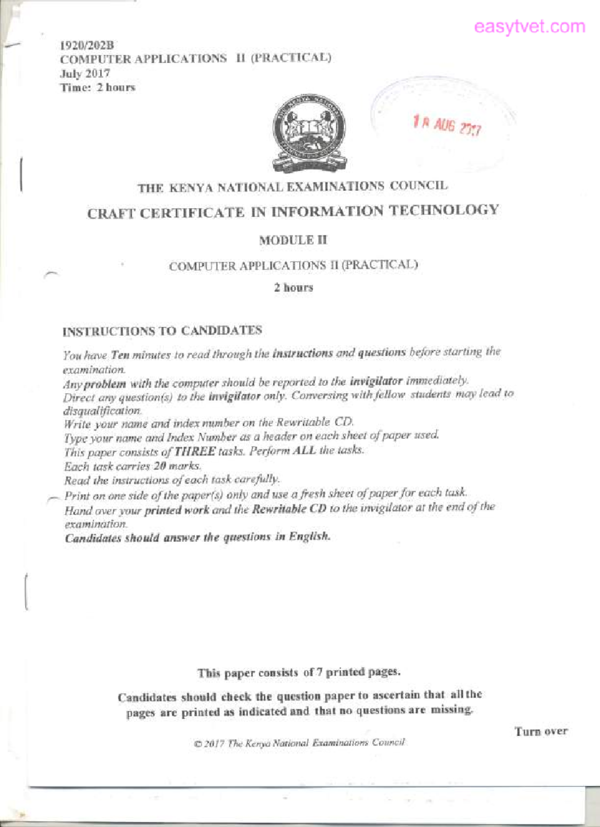 2017 july - N/A - easytvet COMPUTER APPLICATIONS II (PRACTICAL) July 2017 Time: 2 hours 18 AUG ...