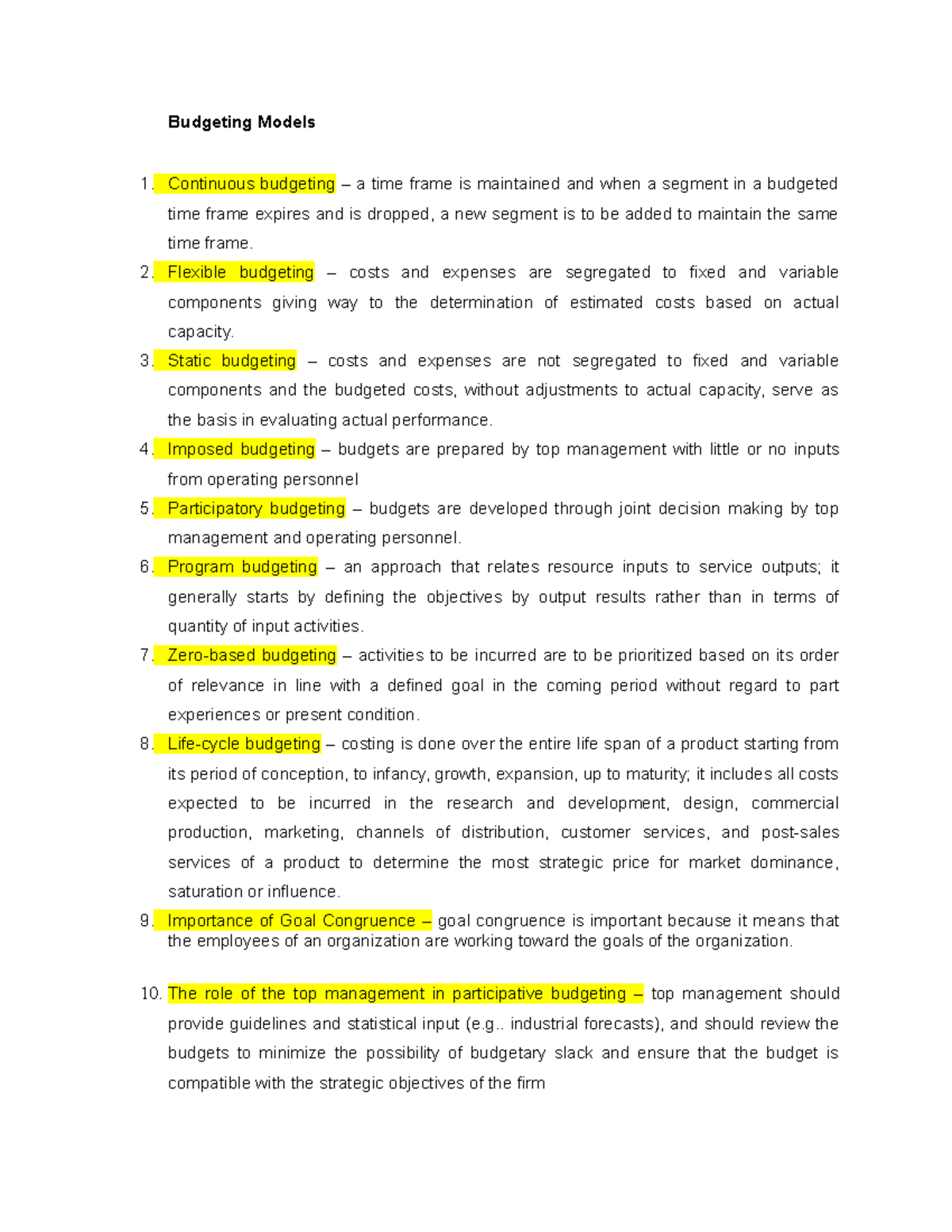 Performance Management System- QUIZ - Budgeting Models Continuous ...
