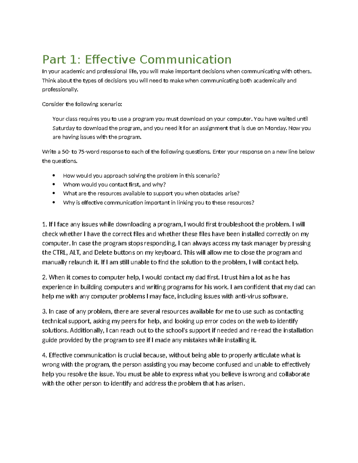 ISA House Wk 3 Worksheet - Part 1: Effective Communication In your ...