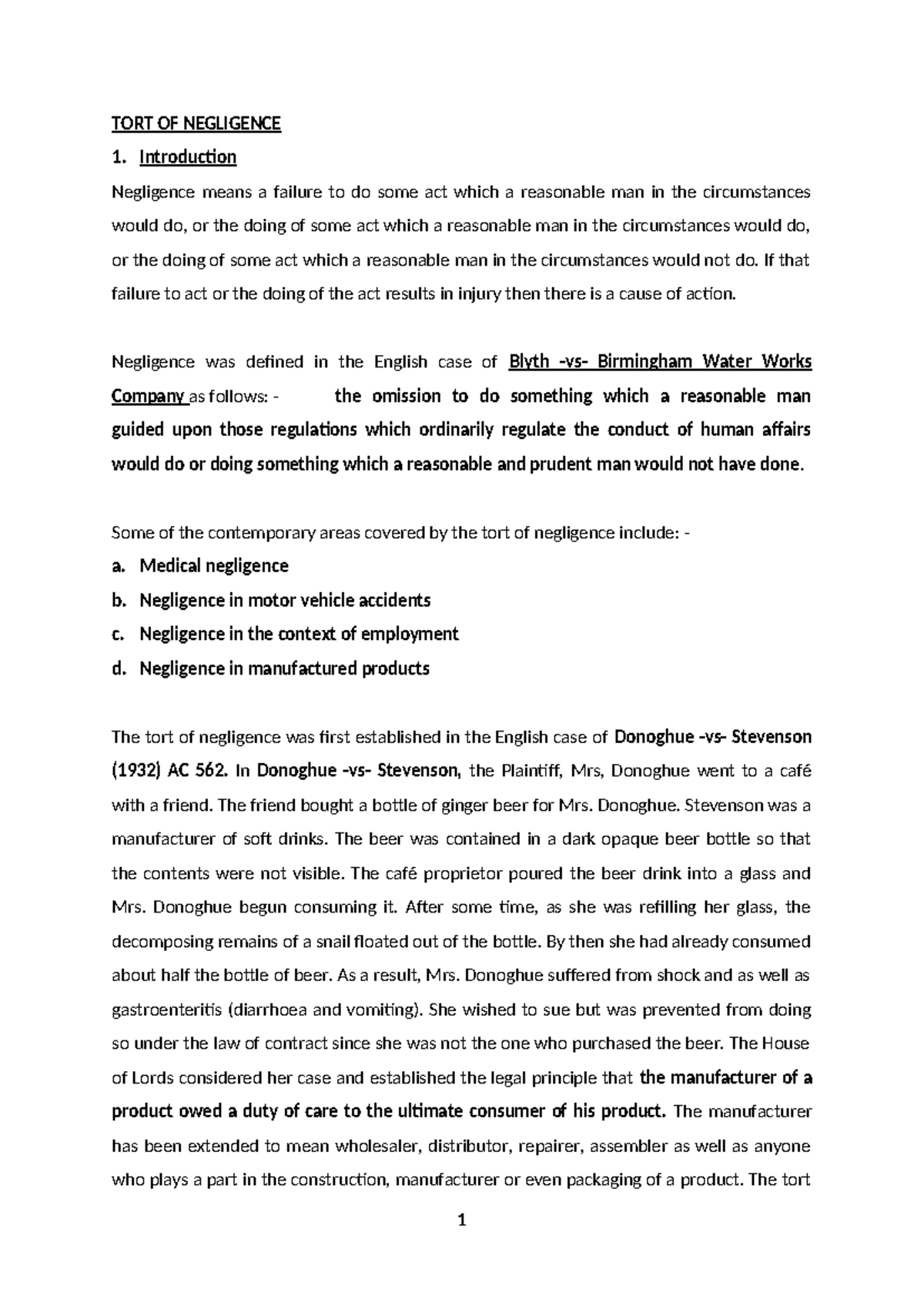 Tort Of Negligence - TORT OF NEGLIGENCE Introduction Negligence means a ...