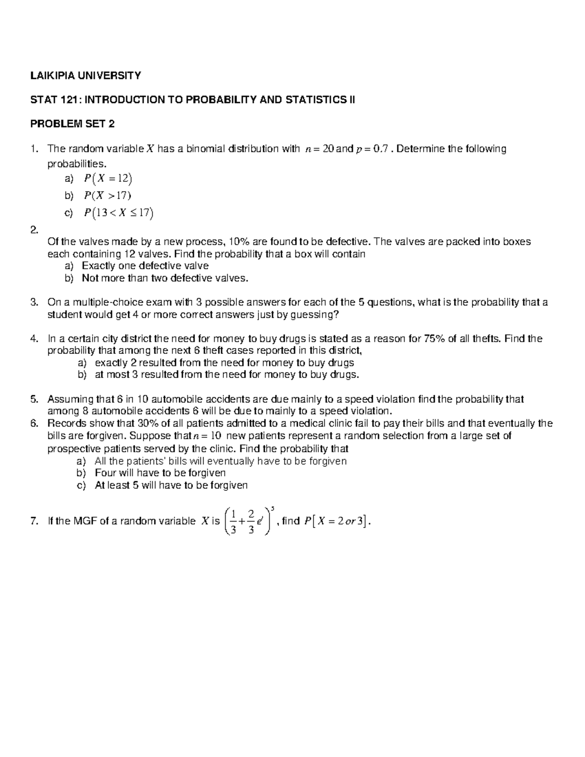 Stat 121 Problemset 2a Laikipia University Stat 121 Introduction To