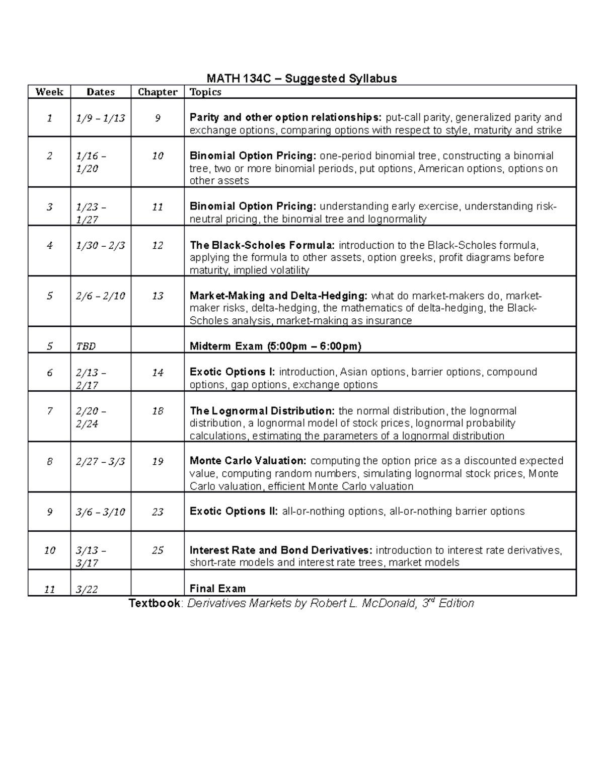 MATH 134C Syllabus - MATH 134C – Suggested Syllabus Week Dates Chapter ...