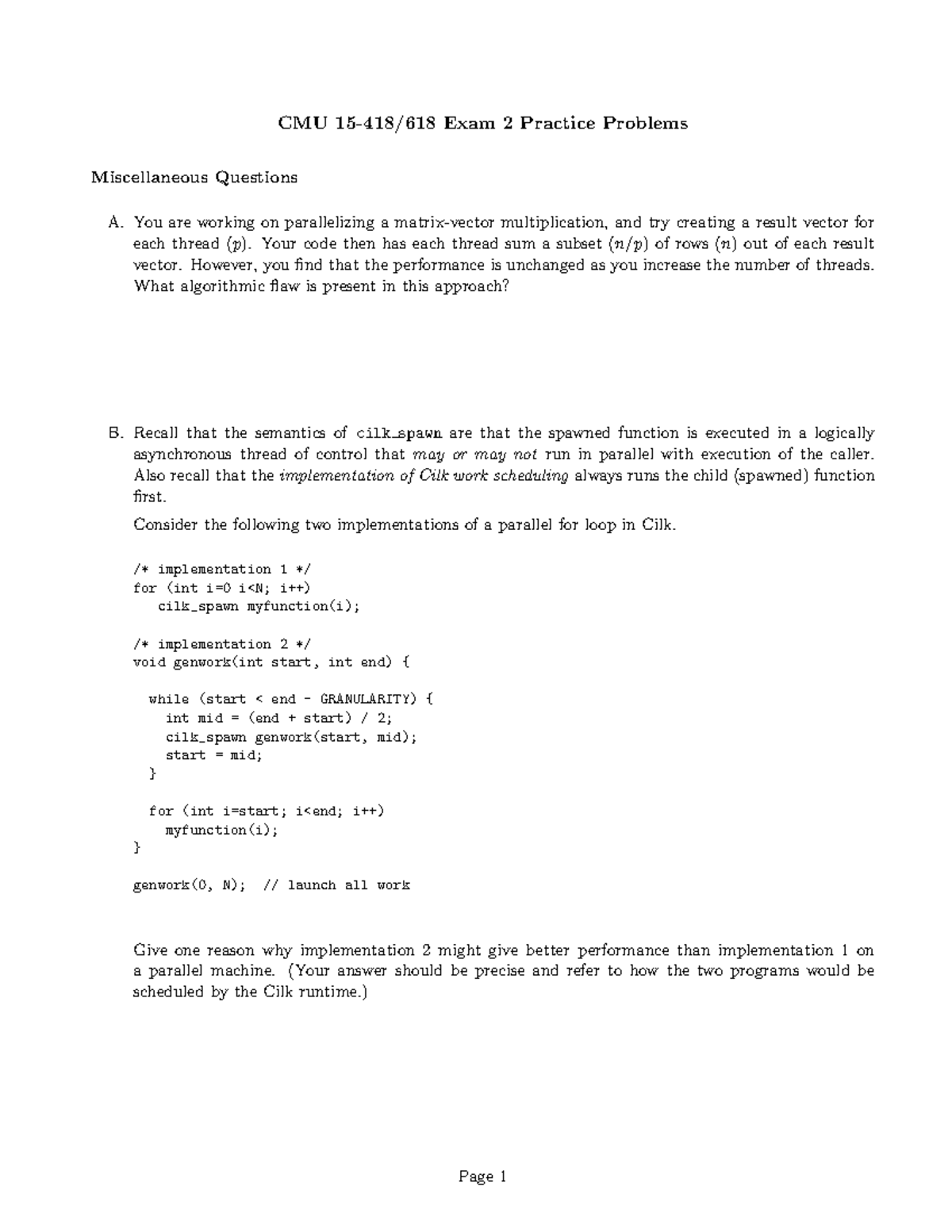 Exam2practice-f16 - Fall 2016 - CMU 15-418/618 Exam 2 Practice Problems Miscellaneous Questions ...