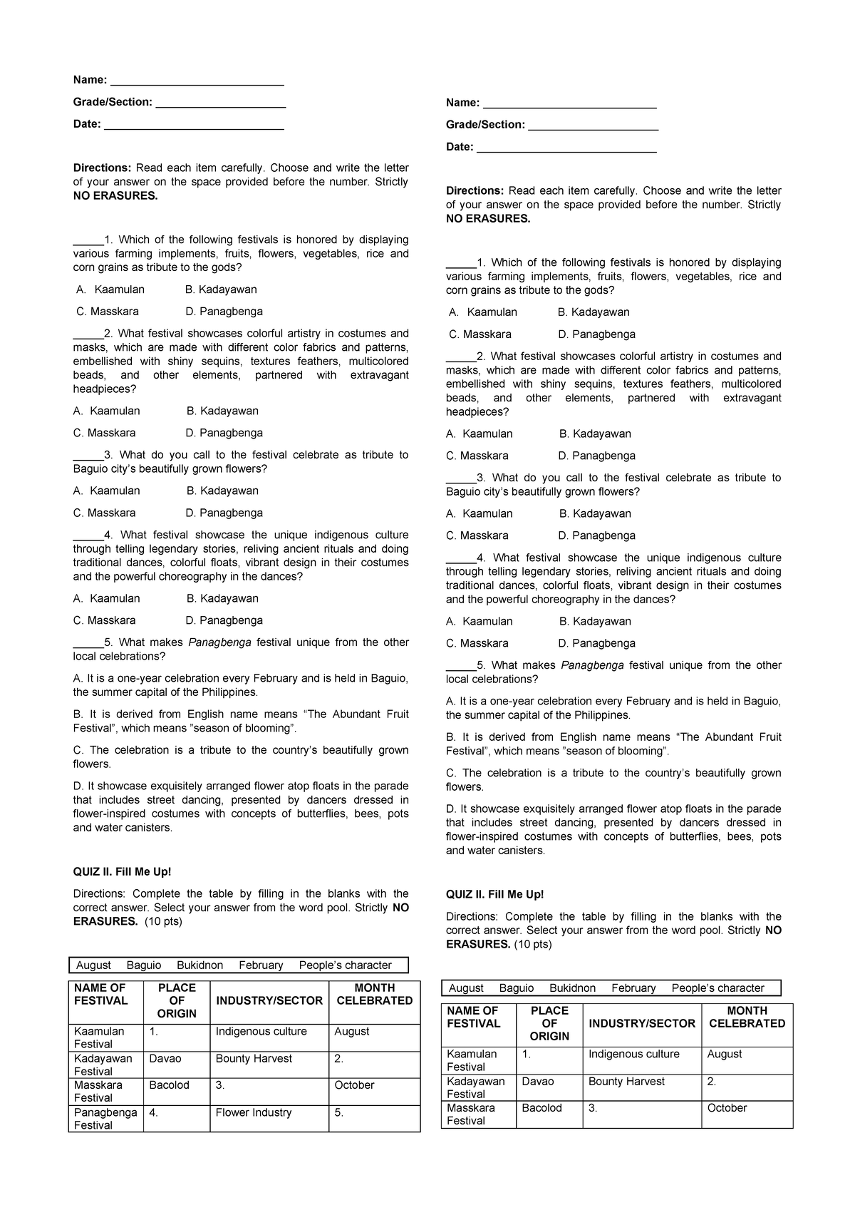 QUIZ - Name: ____________________________ Grade/Section: _____________________ Date: - Studocu