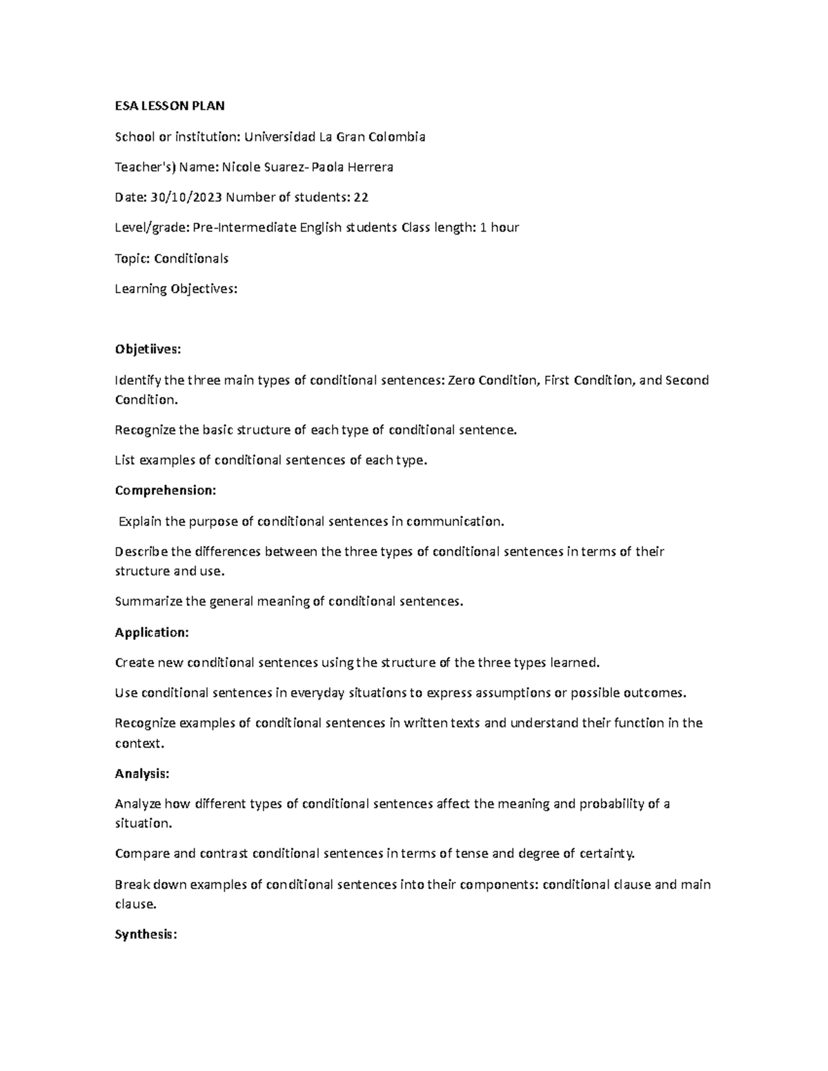 ESA Lesson PLAN - ESA LESSON PLAN School or institution: Universidad La ...