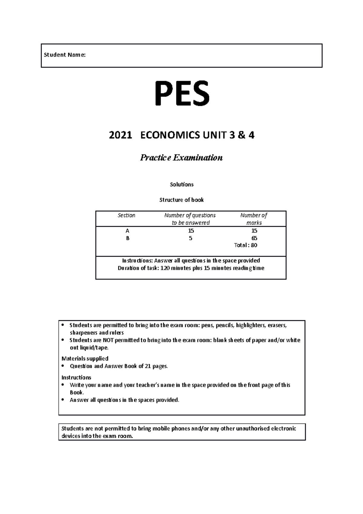 PES-2021-Economics-Unit-34-Exam-Solutions - Student Name: PES 2021 ...
