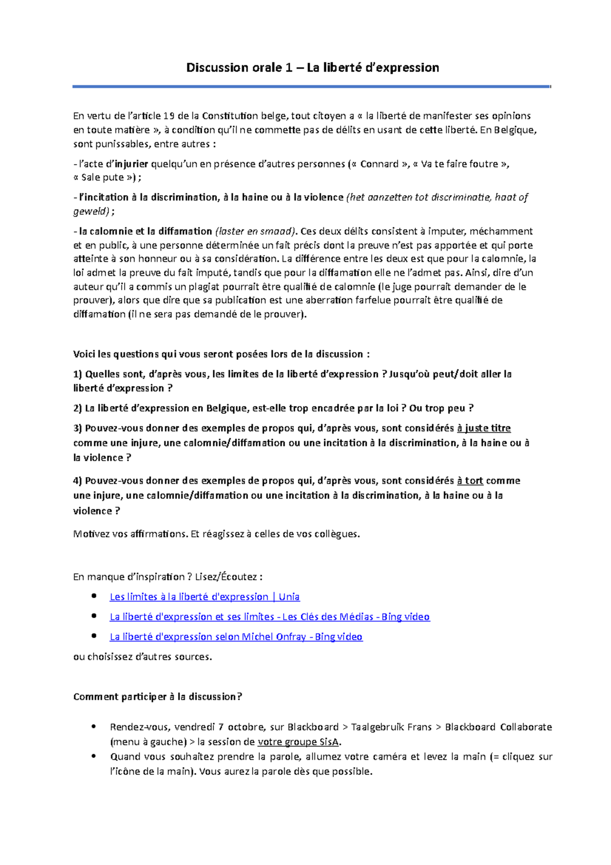 Discussion orale 1 La liberté d'expression - Discussion orale 1 – La ...
