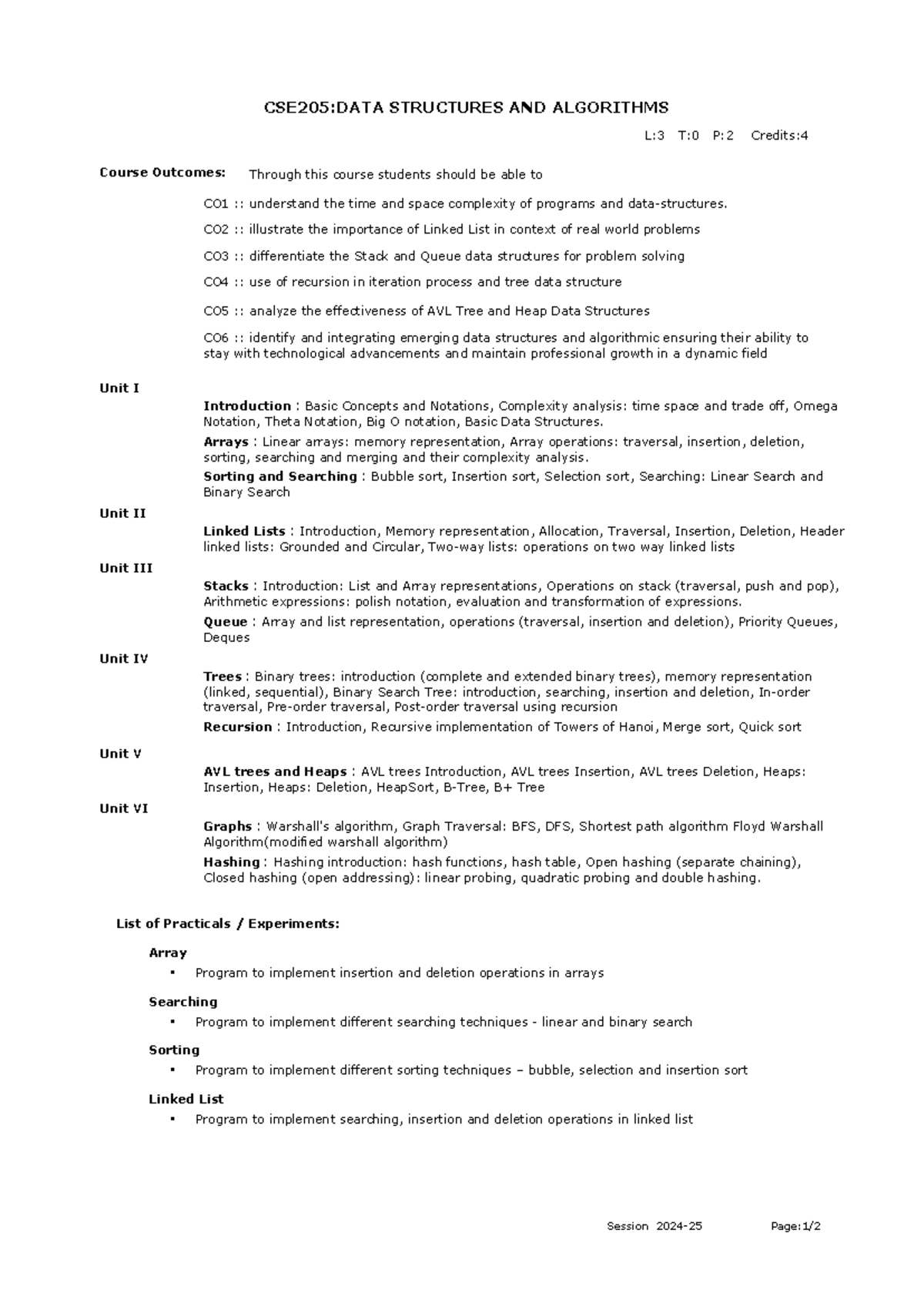 Dsa Syllabus No Idea Cse205data Structures And Algorithms Course Outcomes Co1