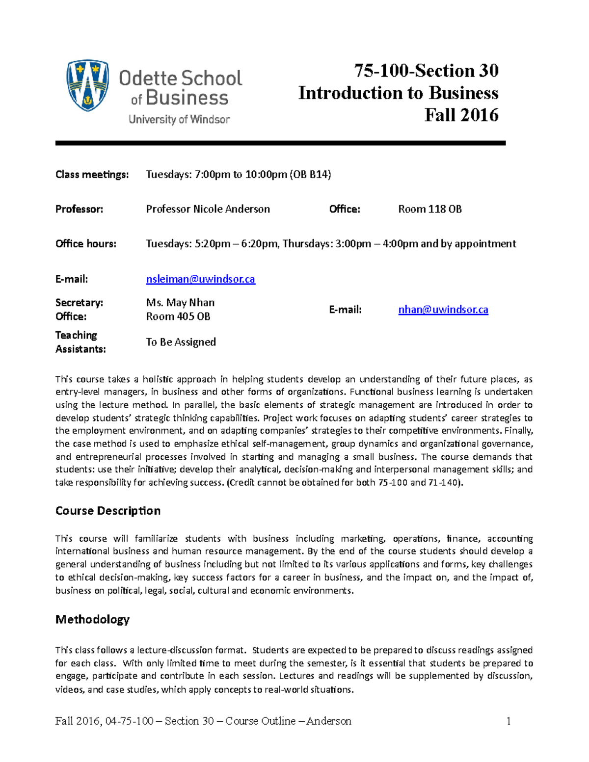 Fall16 75-100 Course Outline - 30 Introduction to Business Fall 2016 ...